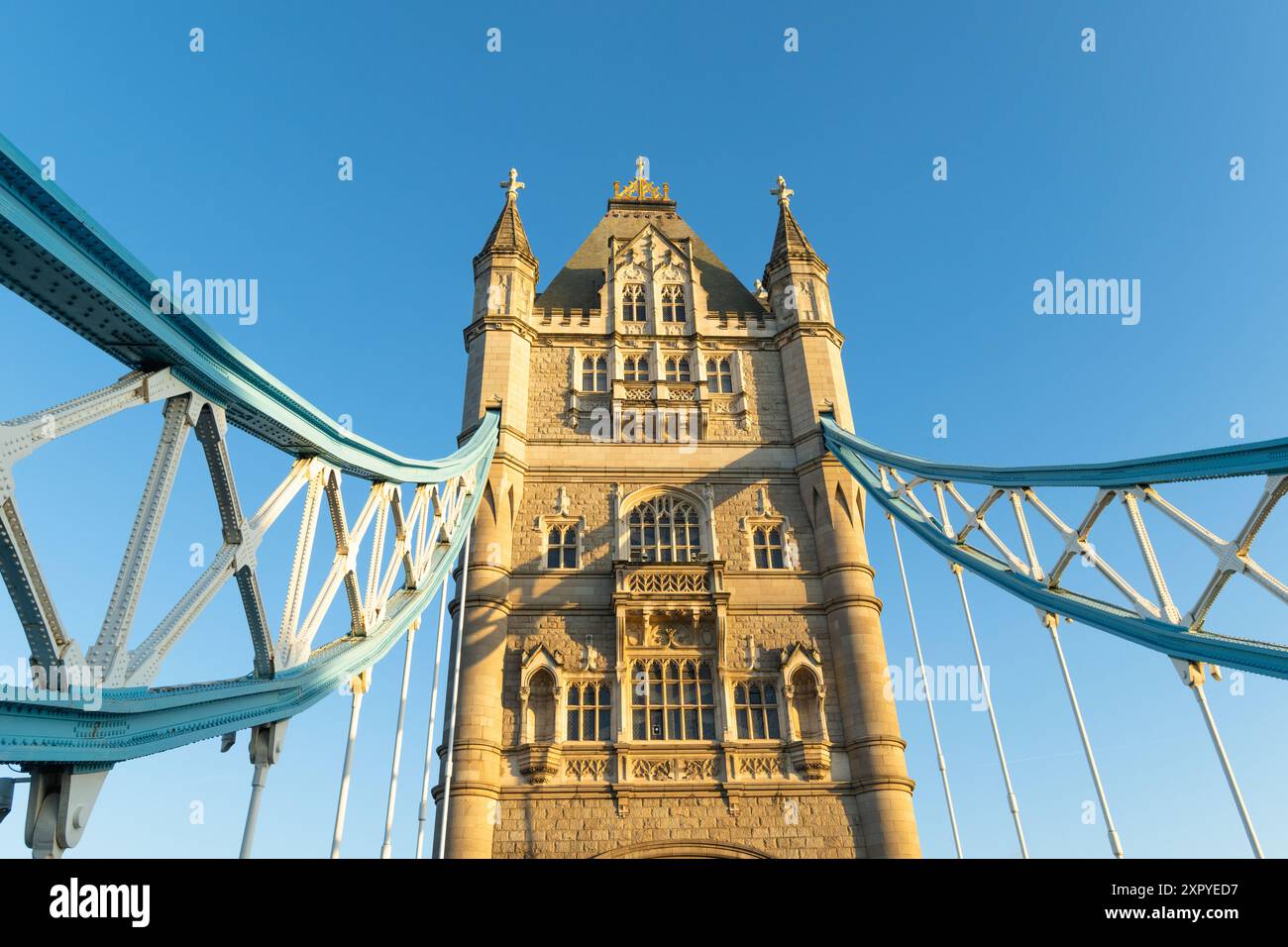 Close up view of one of the two bridge towers of Tower Bridge, London ...