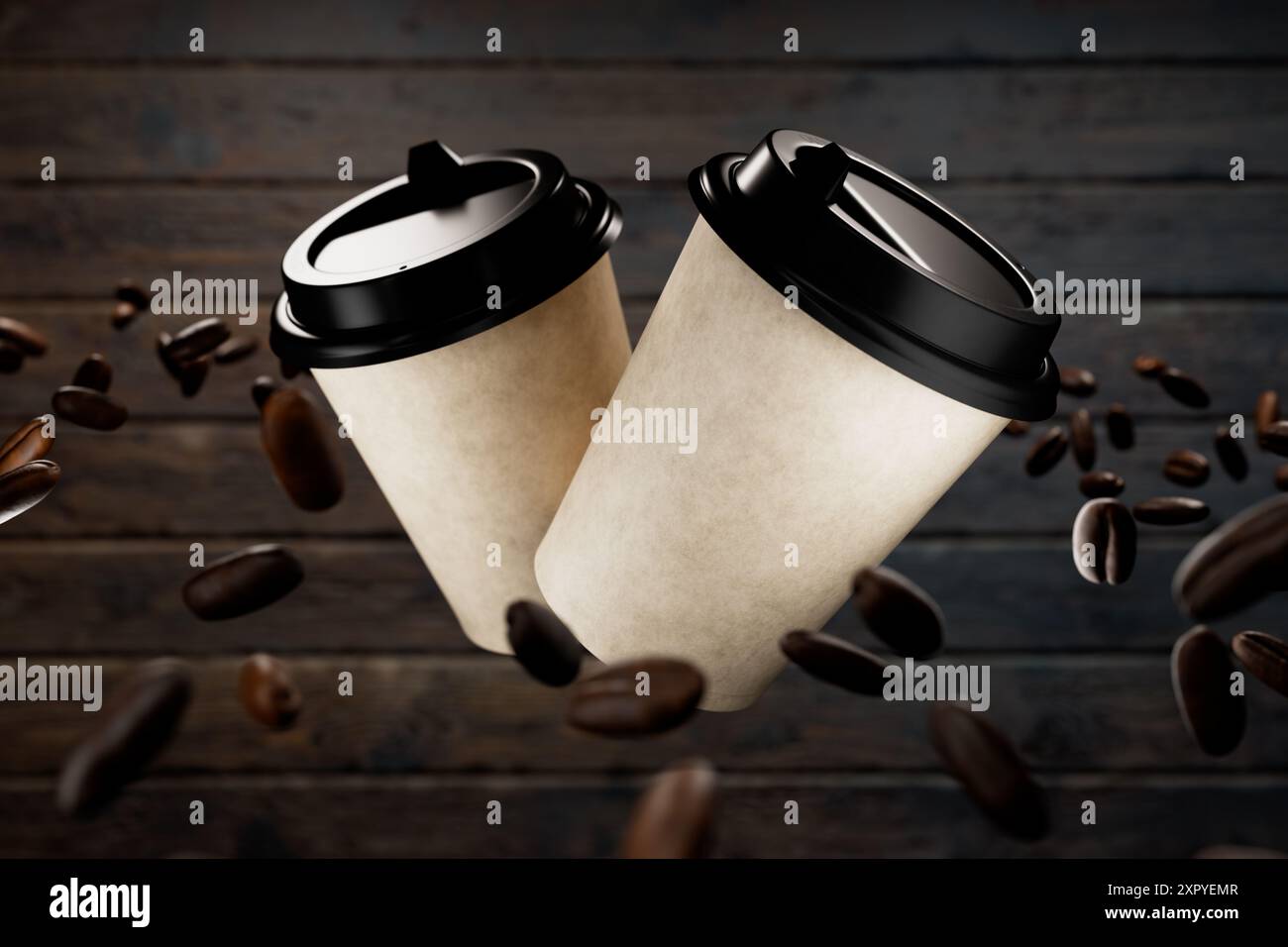 Roasted coffee seeds fly around two paper cups with coffee. Coffee ...
