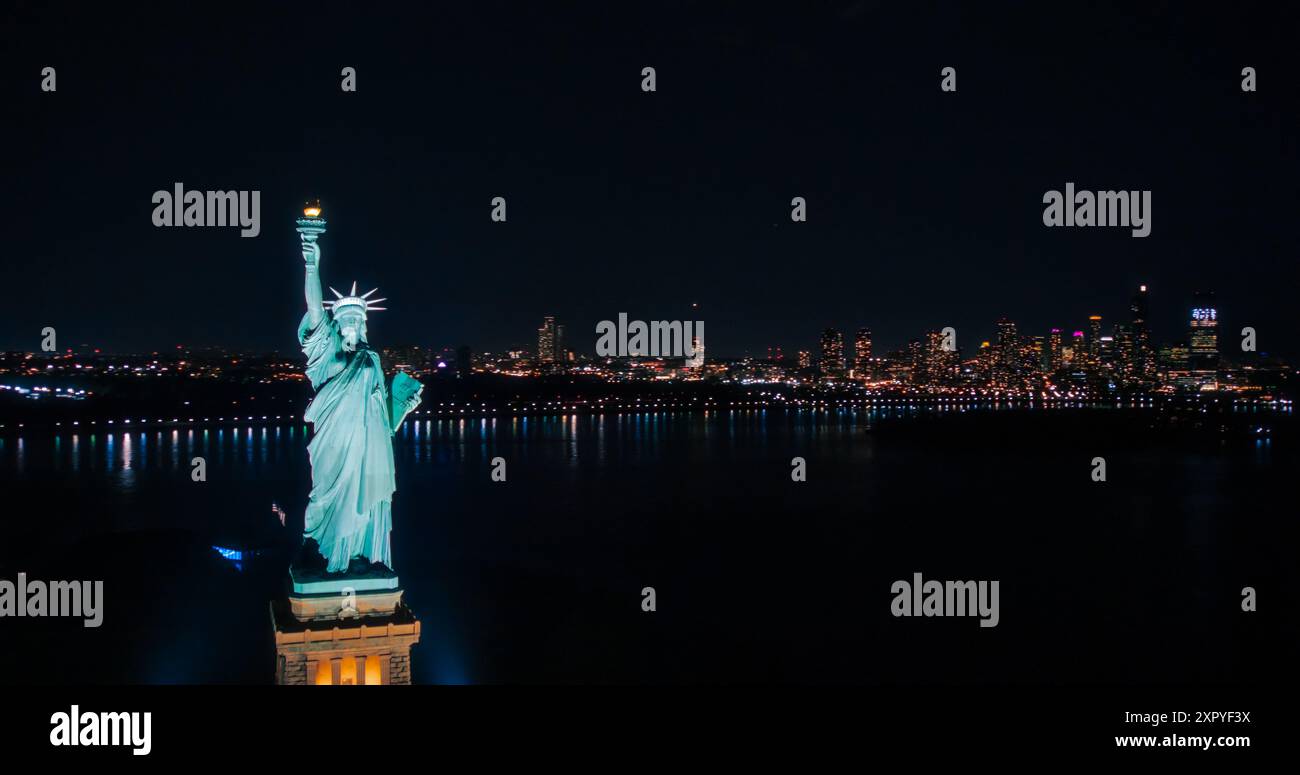 Aerial Fly-By Around the Statue of Liberty. Helicopter Photo of the ...
