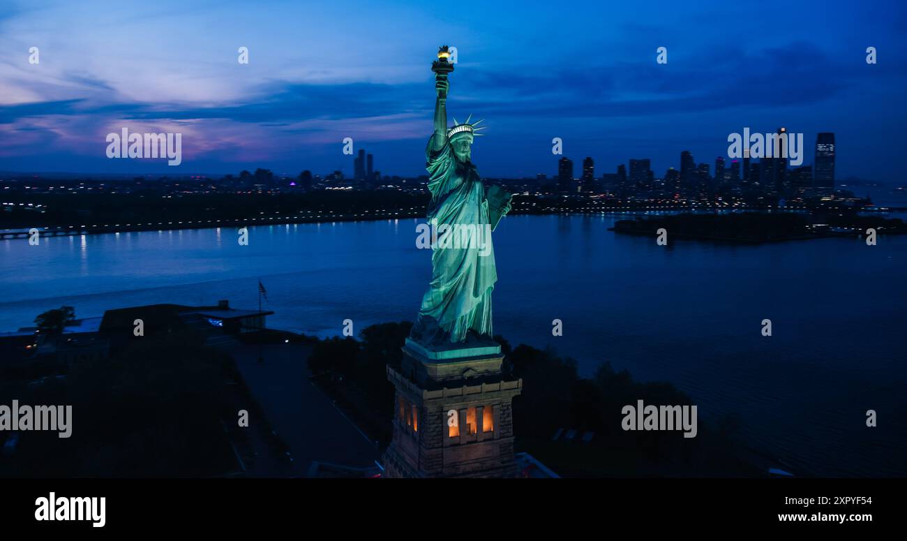 Aerial Helicopter Cinematic View of the Statue of Liberty with ...