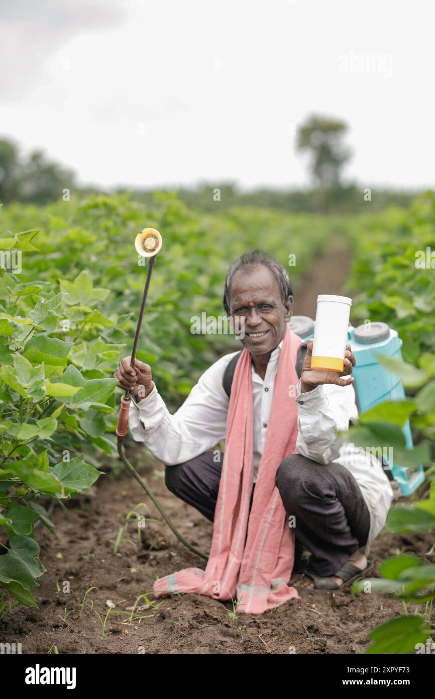 Indian farmer working on farm field, spraying fertilizer on soil and ...