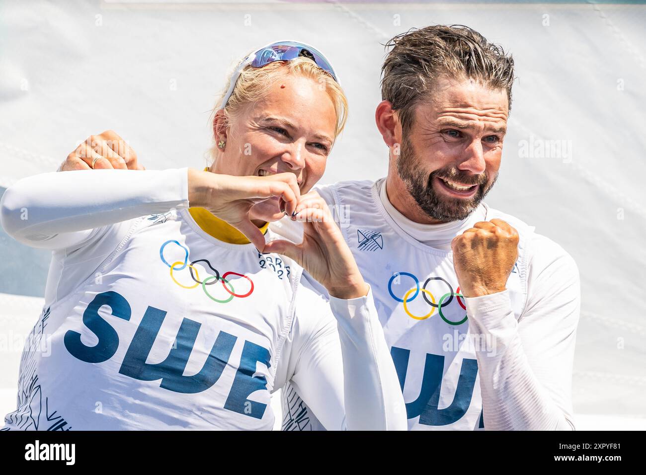 Marseille, France. 08th Aug, 2024. Anton Dahlberg and Lovisa Karlsson of, Sweden., . celebrate ...