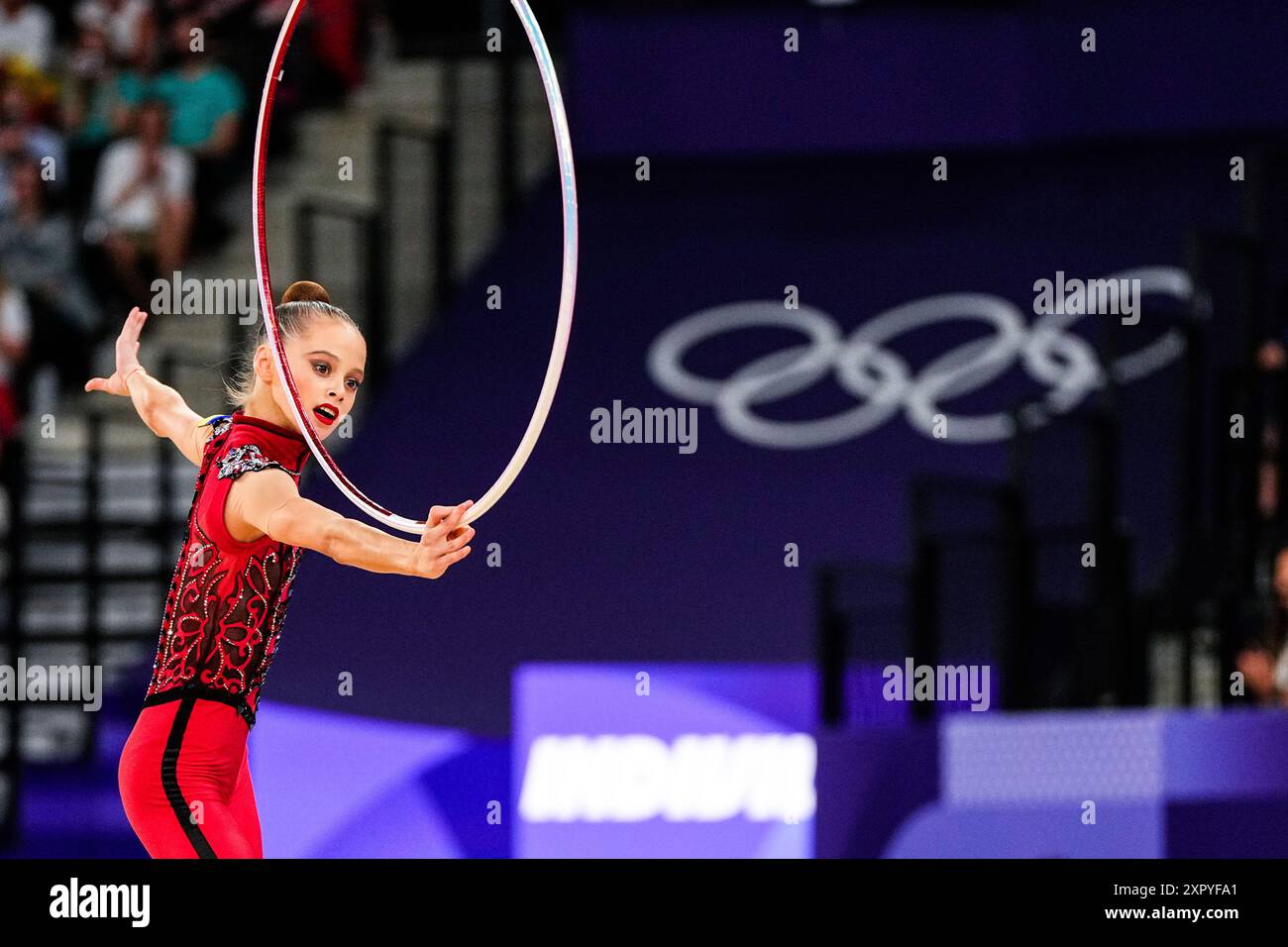 Taisiia Onofriichuk of Ukraine performs with the hoop during Individual ...