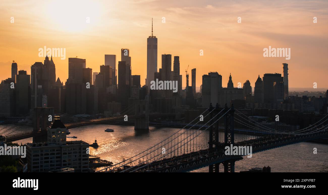 New York City Skyline Aerial Photo from a Helicopter at Sunset. Famous ...