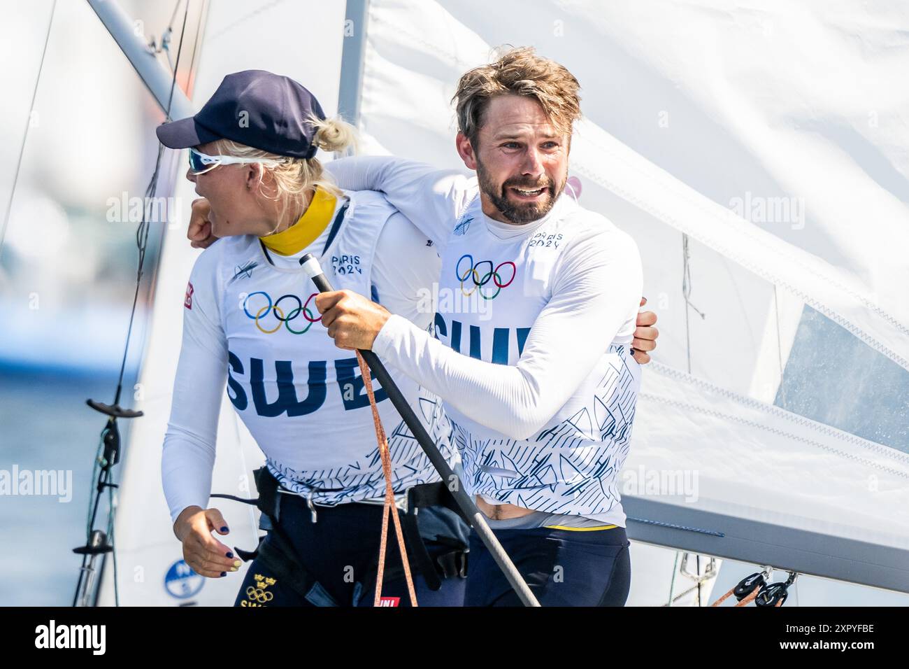 Marseille, France. 08th Aug, 2024. Anton Dahlberg and Lovisa Karlsson of, Sweden., . celebrate ...