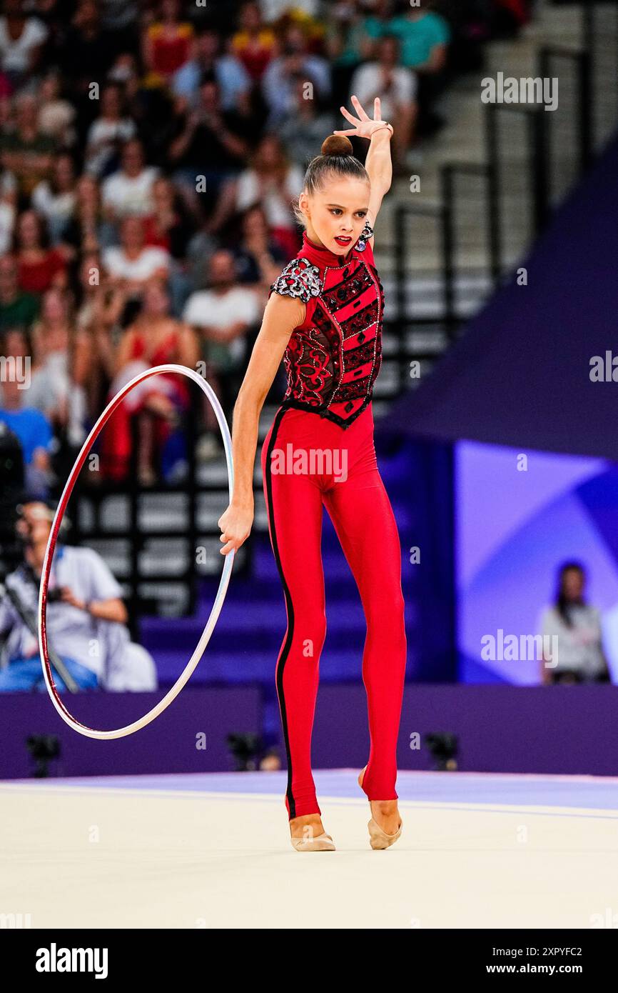 Taisiia Onofriichuk of Ukraine performs with the hoop during Individual ...