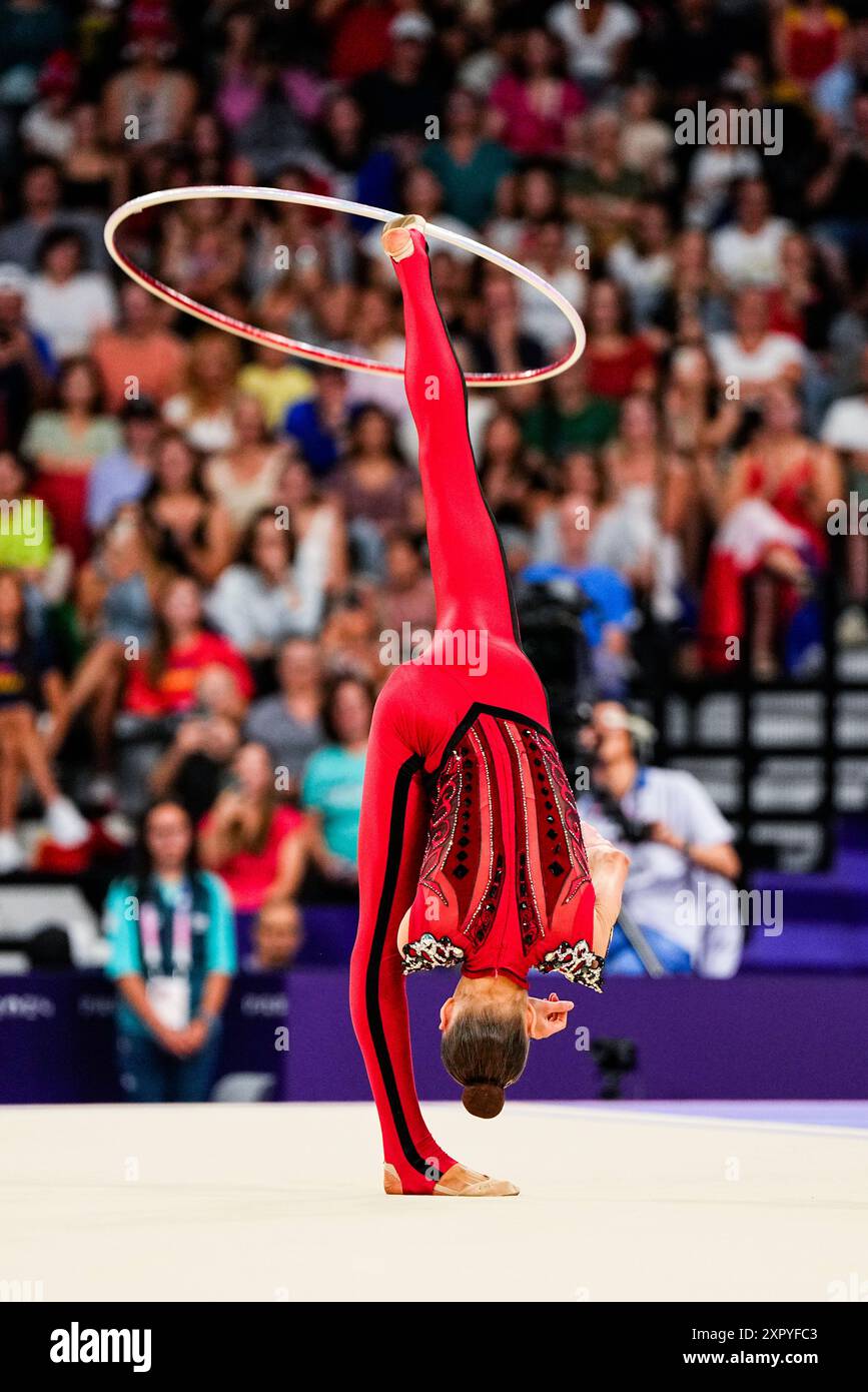 Taisiia Onofriichuk of Ukraine performs with the hoop during Individual ...