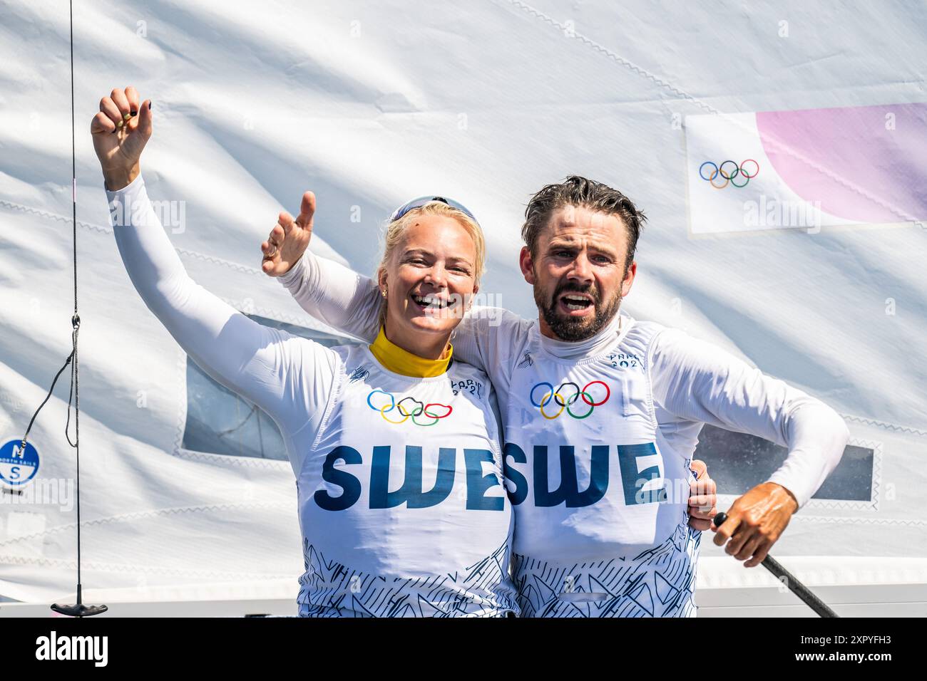 Marseille, France. 08th Aug, 2024. Anton Dahlberg and Lovisa Karlsson of, Sweden., . celebrate ...