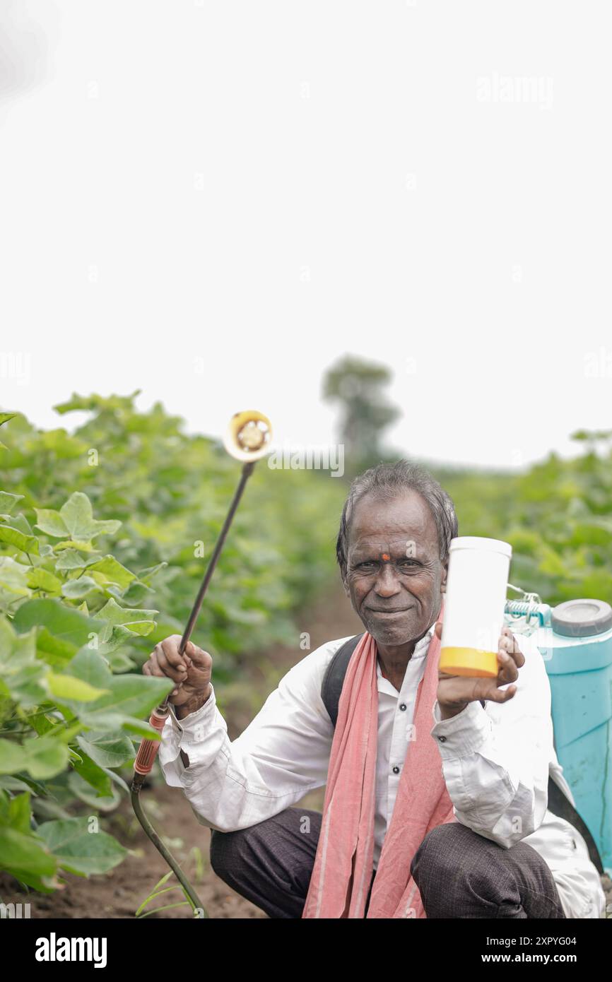 Indian farmer working on farm field, spraying fertilizer on soil and ...