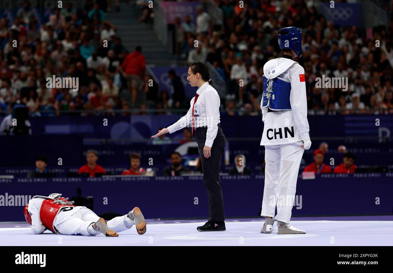 Paris, France. 8th Aug, 2024. Emmannuella Atora (L) of Gabon reacts as ...