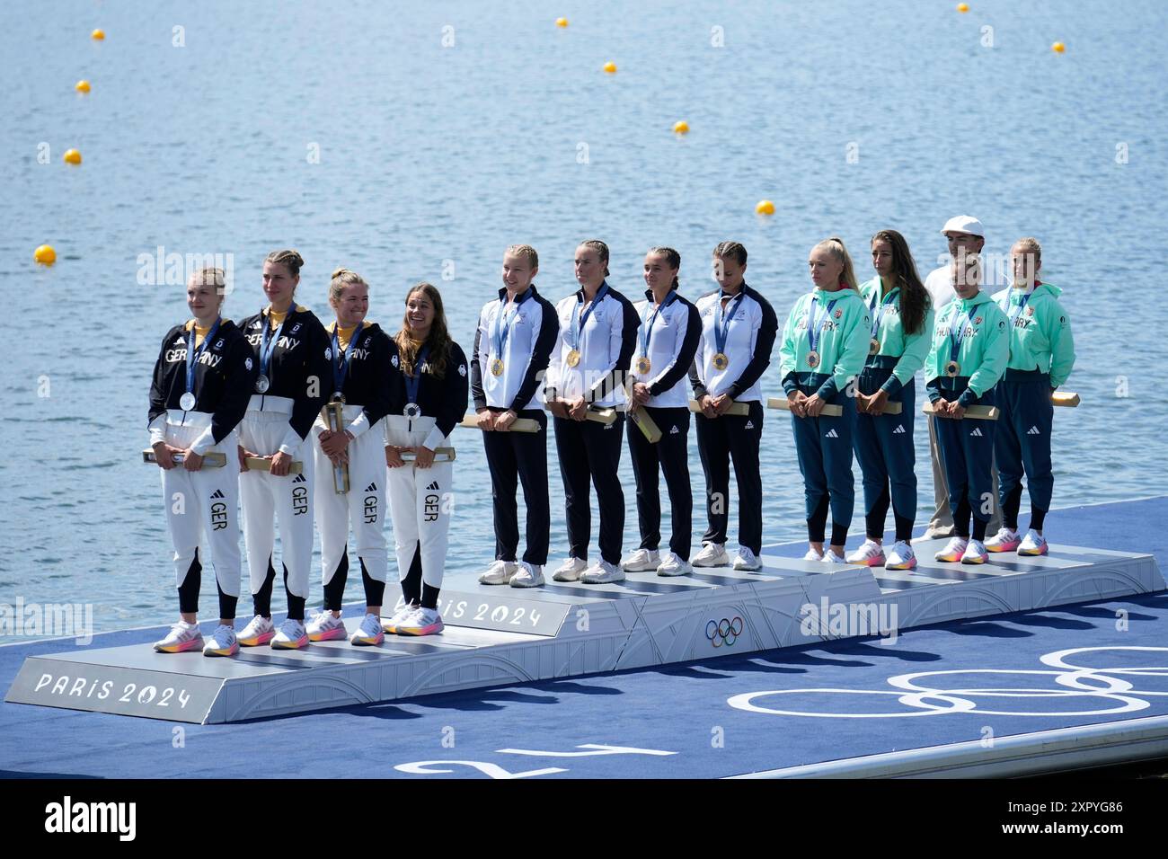 Silver medalists Germany's Sarah Bruessler, Jule Marie Hake, Pauline ...