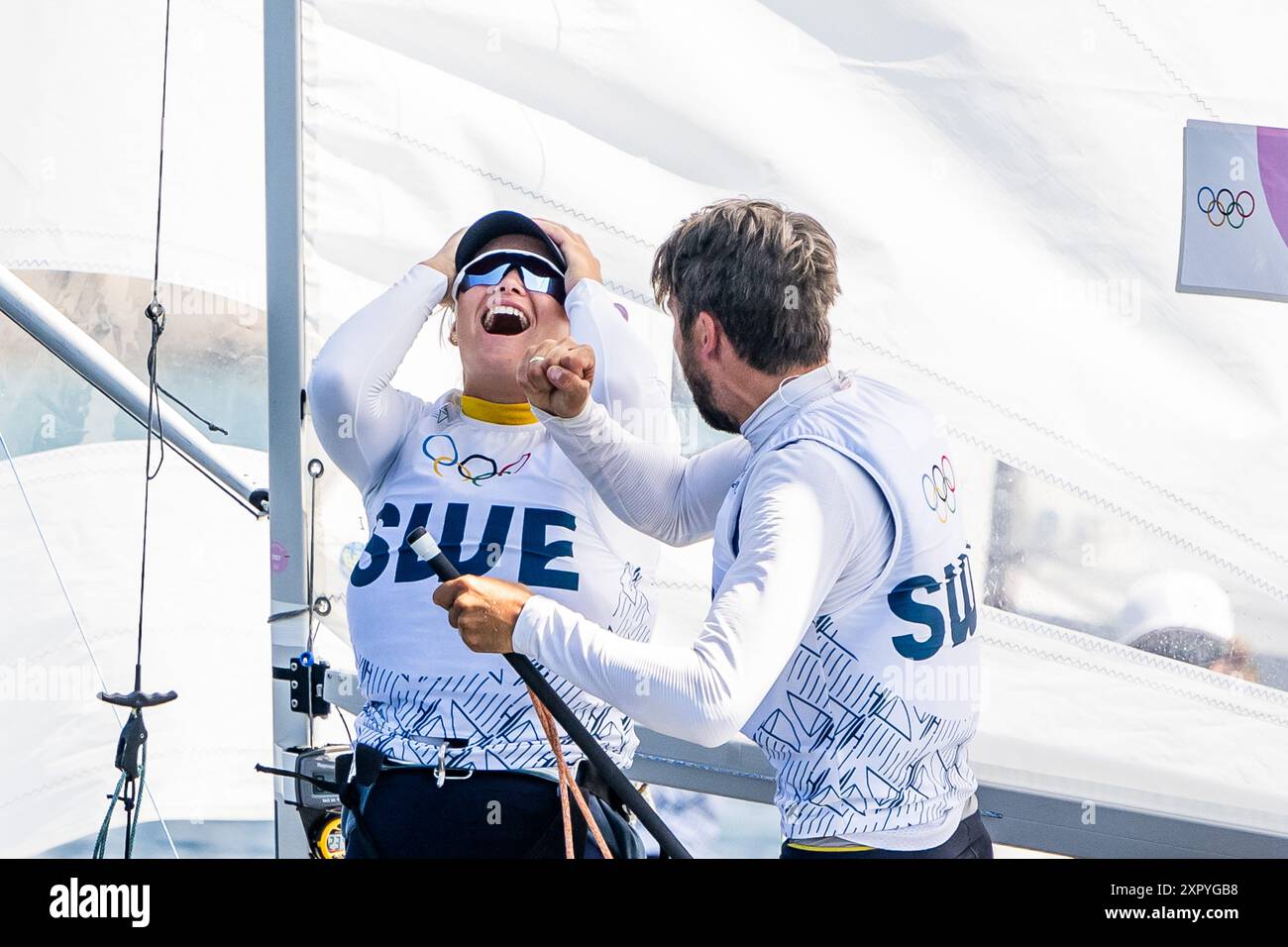 Marseille, France. 08th Aug, 2024. Anton Dahlberg and Lovisa Karlsson of, Sweden., . celebrate ...