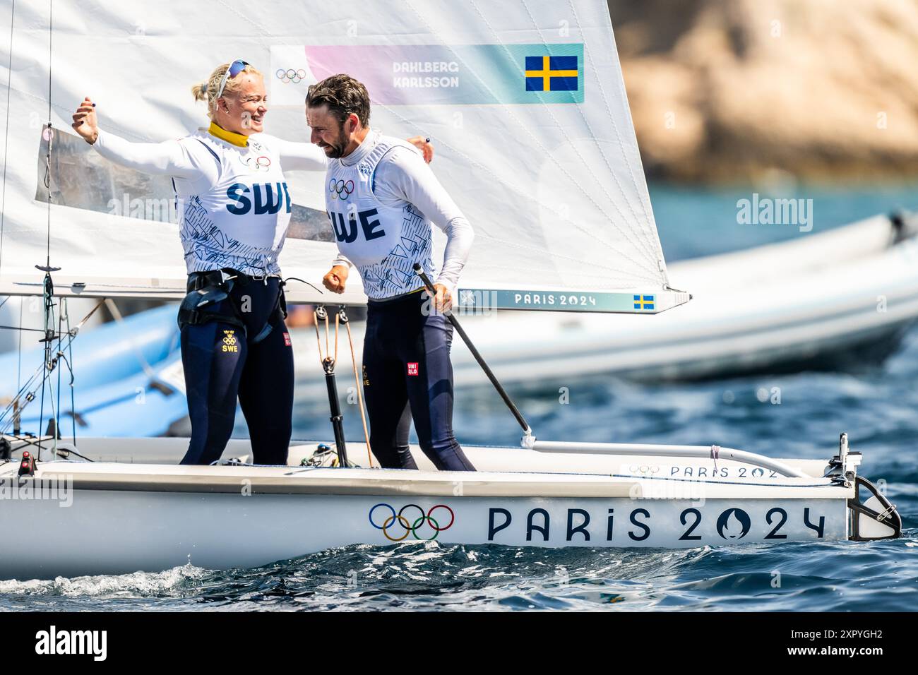 Marseille, France. 08th Aug, 2024. Anton Dahlberg and Lovisa Karlsson of, Sweden., . celebrate ...
