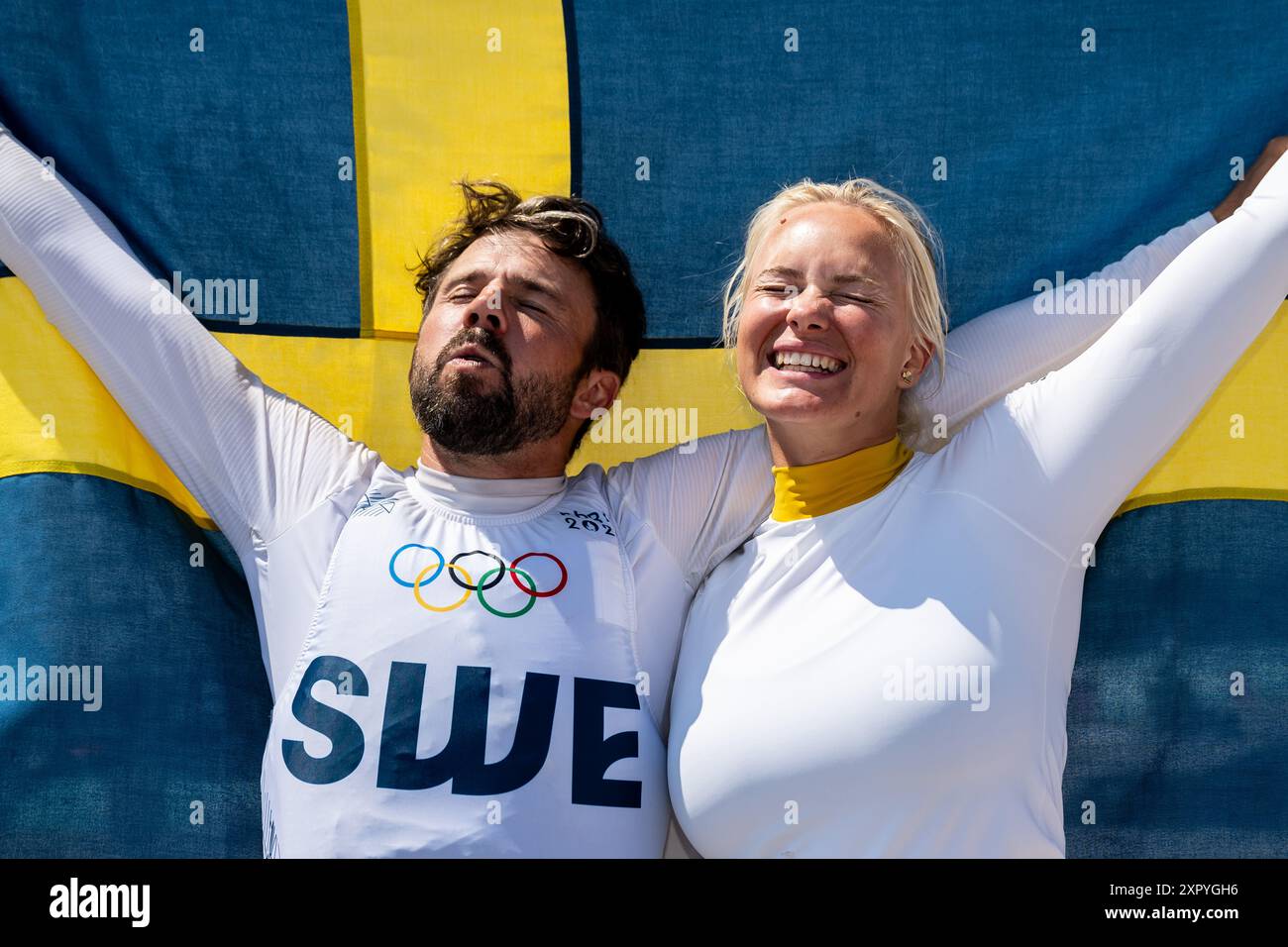 Marseille, France. 08th Aug, 2024. Anton Dahlberg and Lovisa Karlsson of, Sweden., . celebrate ...