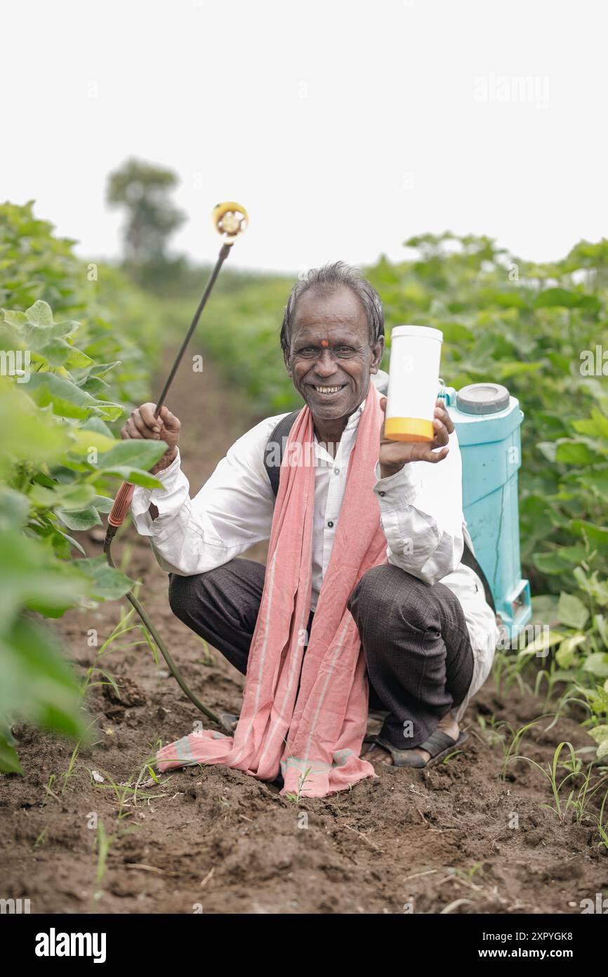 Indian farmer working on farm field, spraying fertilizer on soil and ...