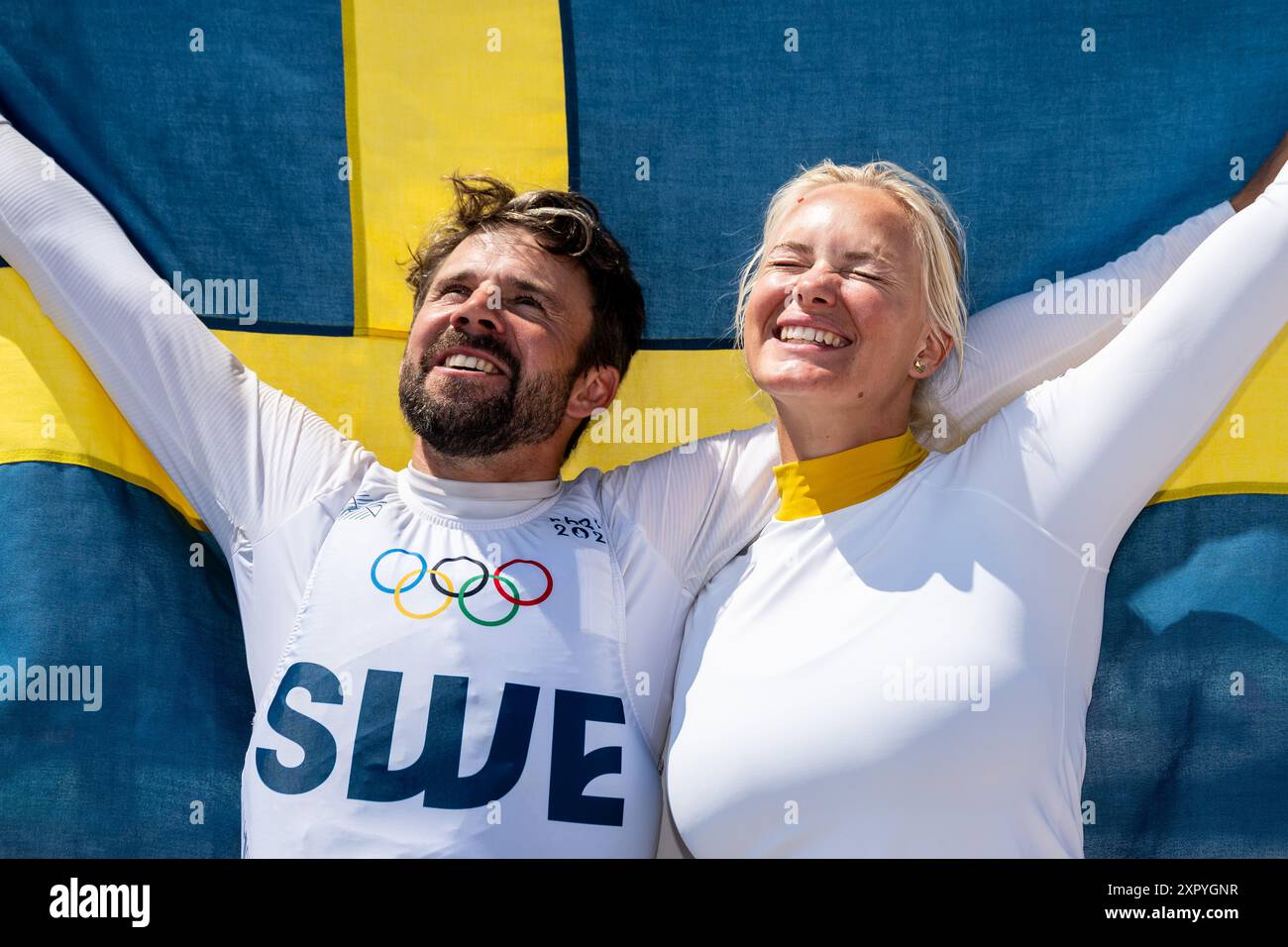 Marseille, France. 08th Aug, 2024. Anton Dahlberg and Lovisa Karlsson of, Sweden., . celebrate ...