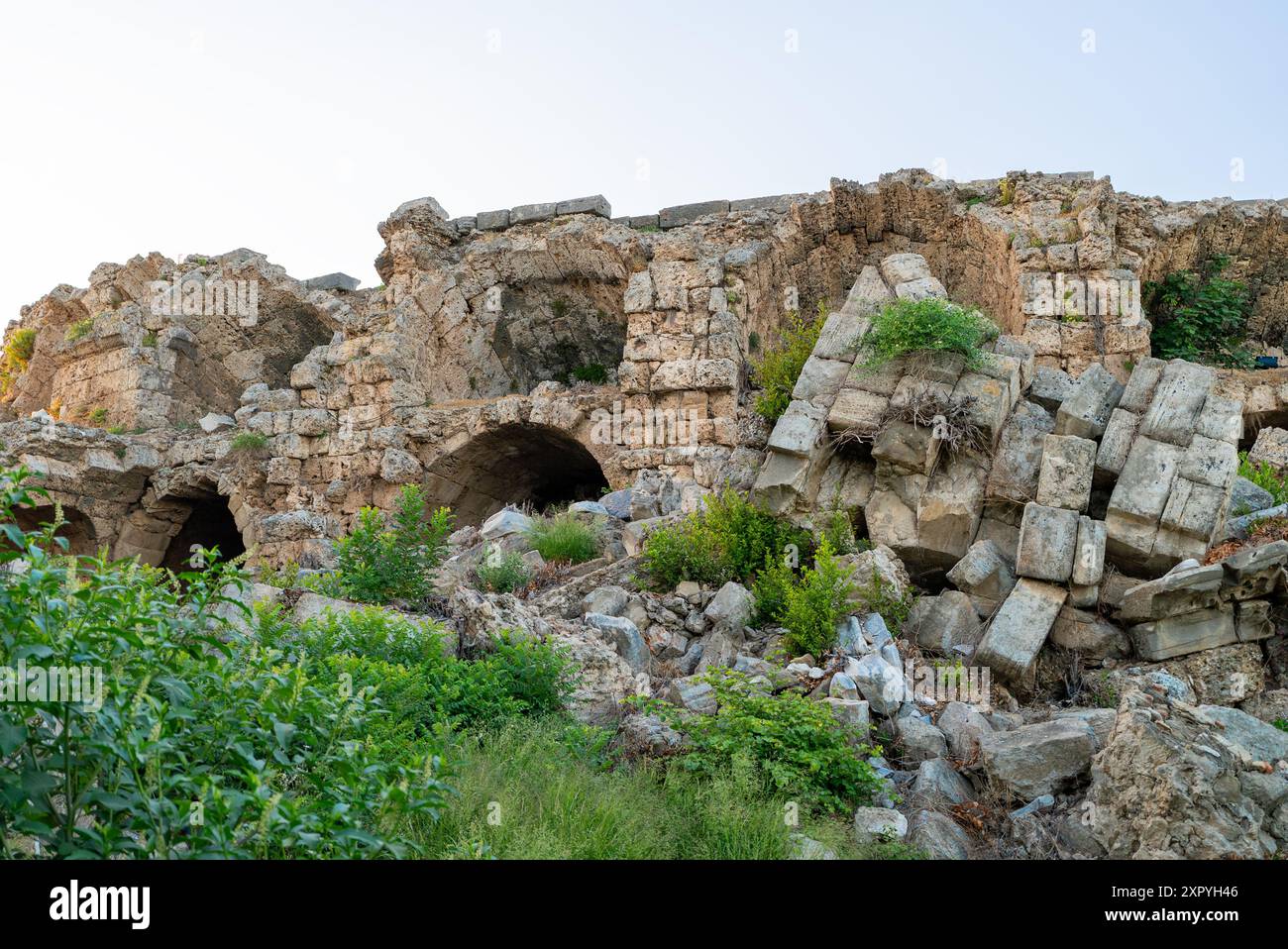 Ruins of the ancient city of Side. Ancient theater. View from the ...