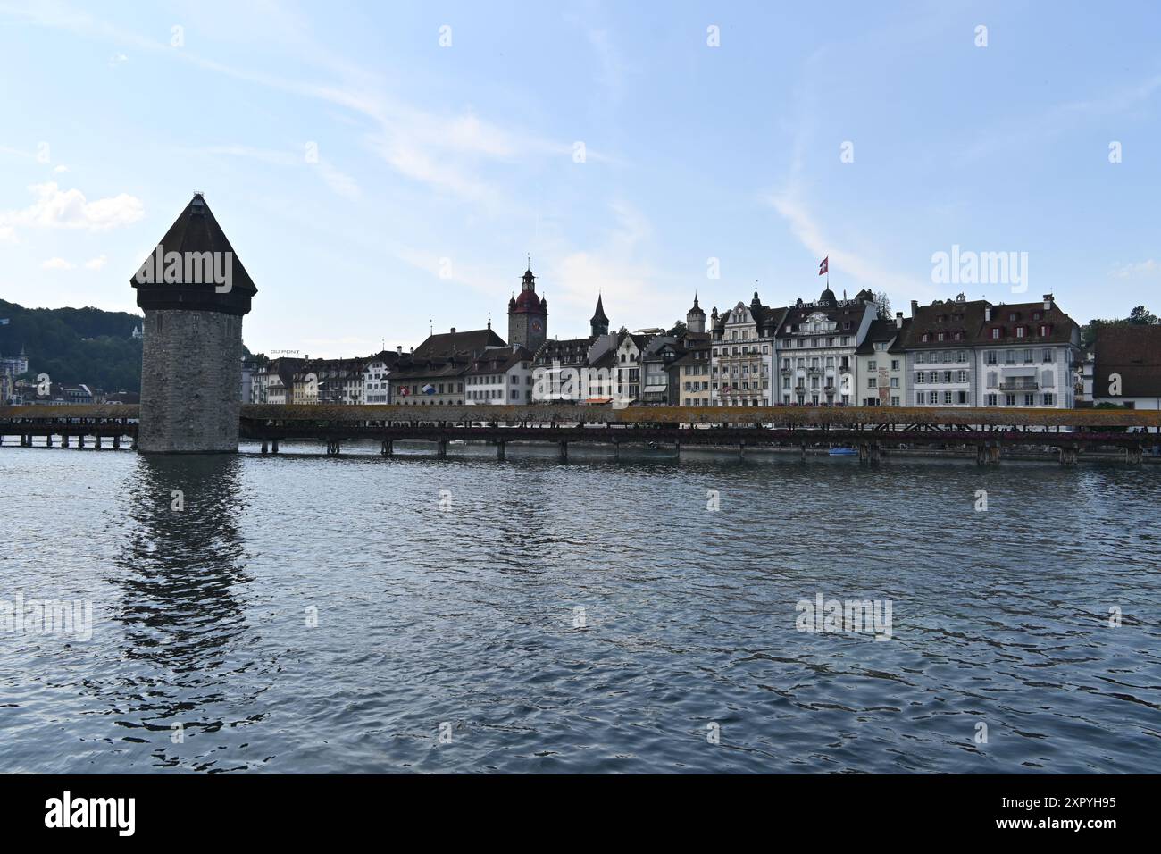 View of Kapellbrücke (Chapel bridge), a covered wooden footbridge ...