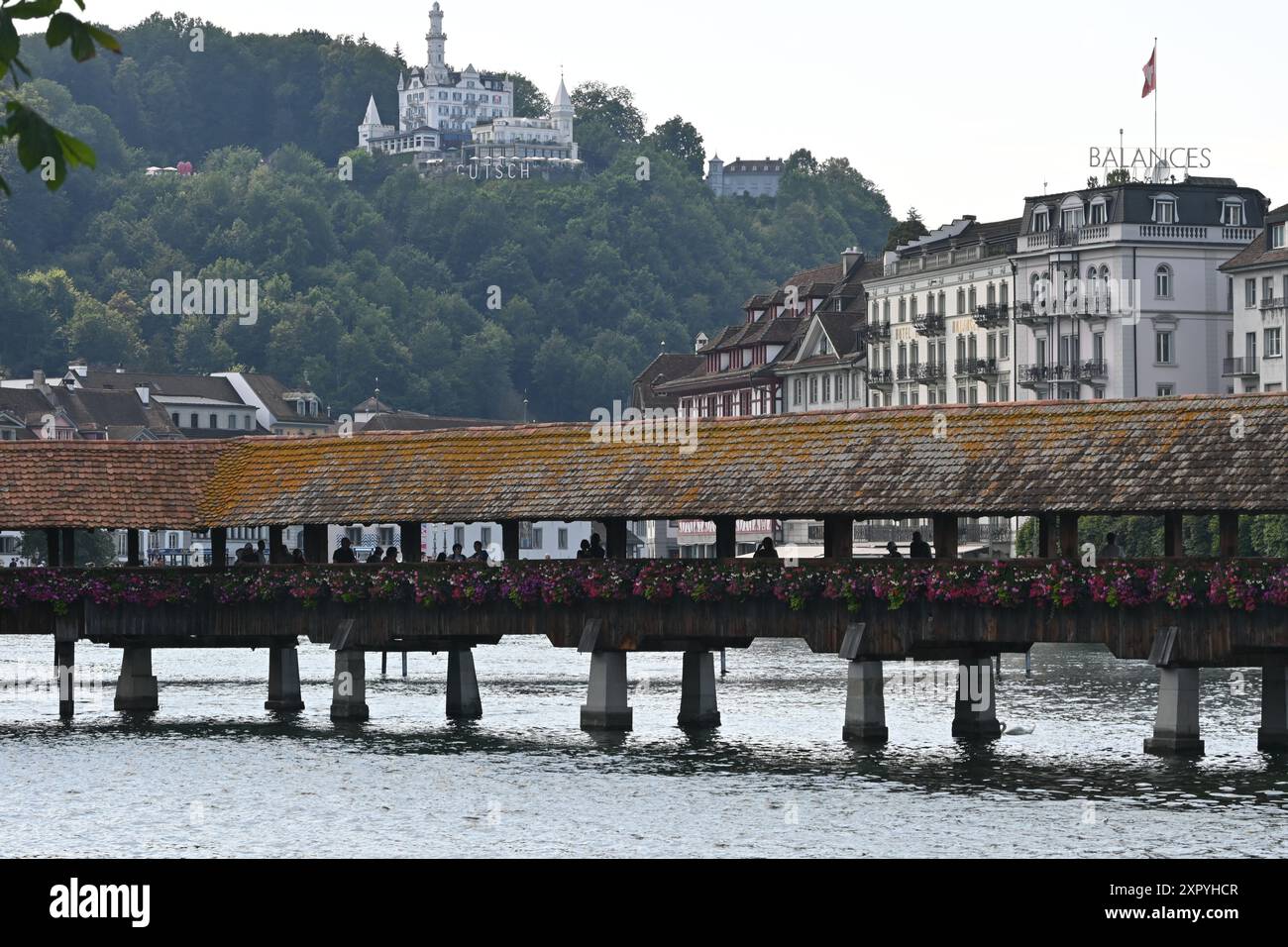View of Kapellbrücke (Chapel bridge), a covered wooden footbridge ...