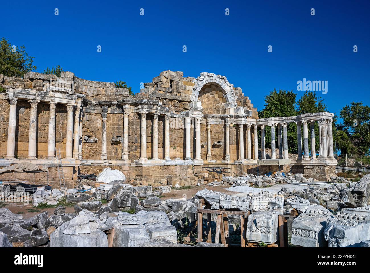 Ruins of the Monumental Nymphaeum fountain in Side, Turkey. Anitsal ...