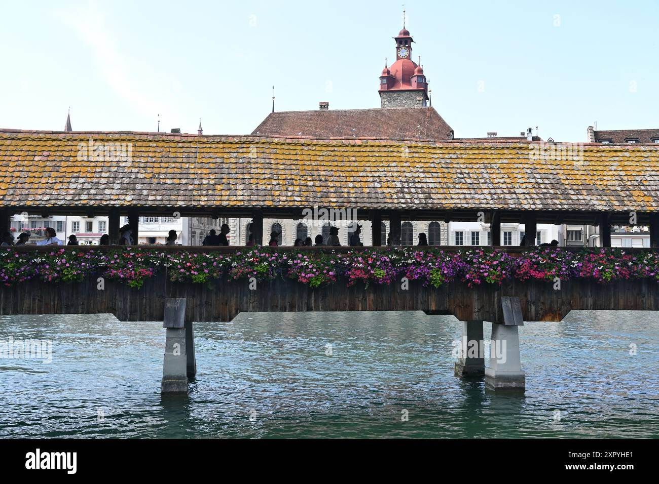 View of Kapellbrücke (Chapel bridge), a covered wooden footbridge ...