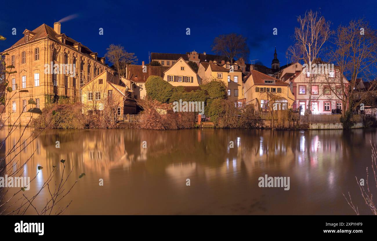 Illuminated night view of Bamberg Old Town with reflections on the ...