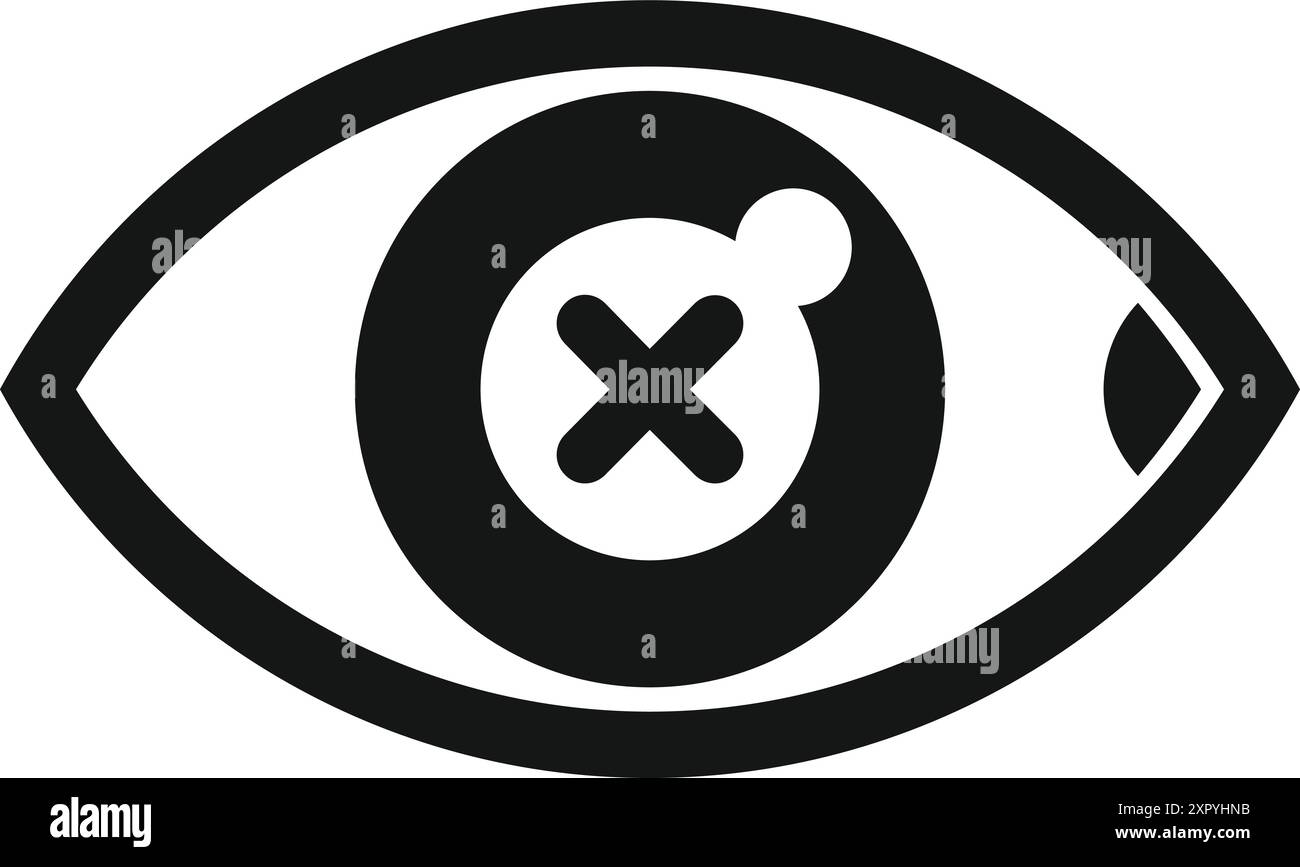 Simple black and white icon of a human eye with a cross showing ...