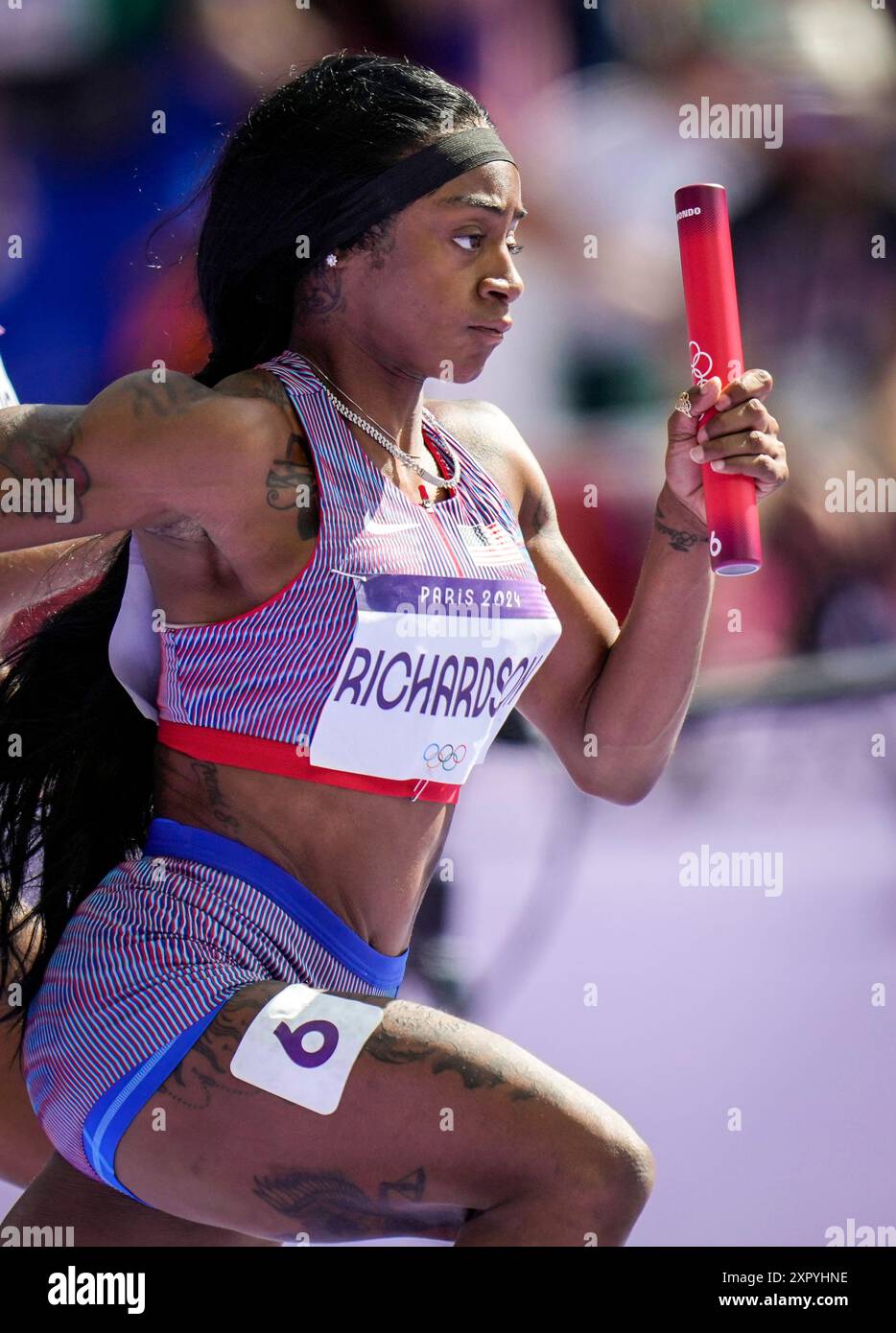 Paris, France. 08th Aug, 2024. Sha'carri Richardson of Team USA runs ...