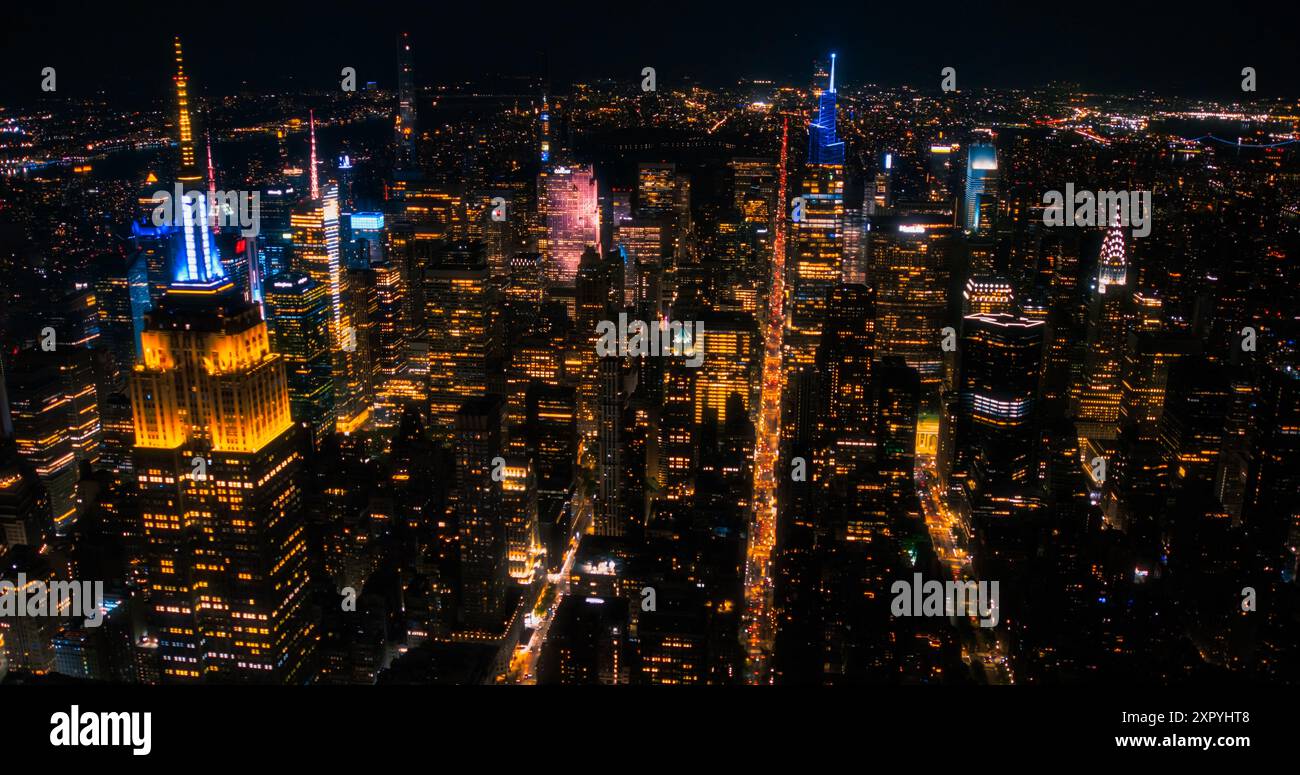 New York City Aerial Night Cityscape with Stunning Manhattan Landmarks ...