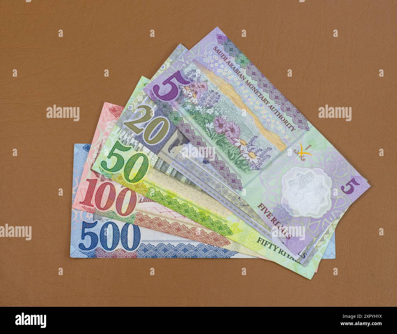 KSA currency notes of 5,10, 20, 50, 100 and 500 denominations Stock ...