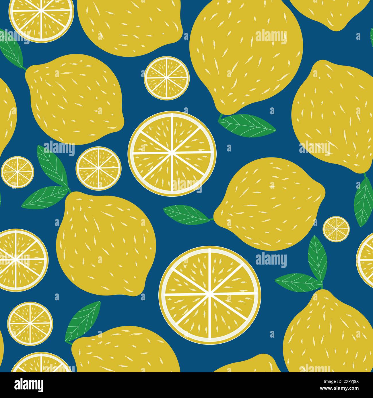 Beautiful Yellow Lemon seamless pattern with little slices on blue background. For fabric ...