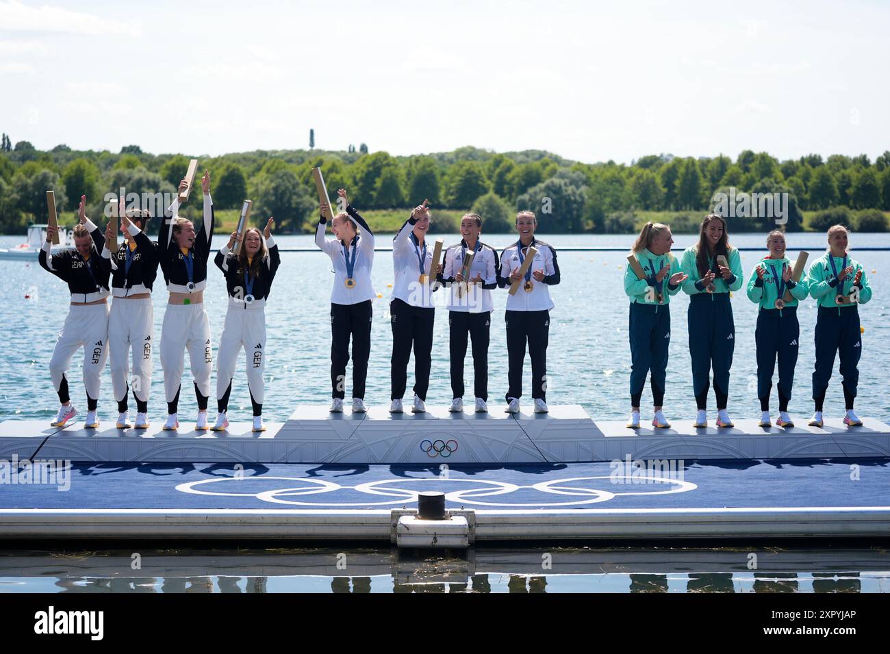 Silver medalists Germany's Sarah Bruessler, Jule Marie Hake, Pauline ...