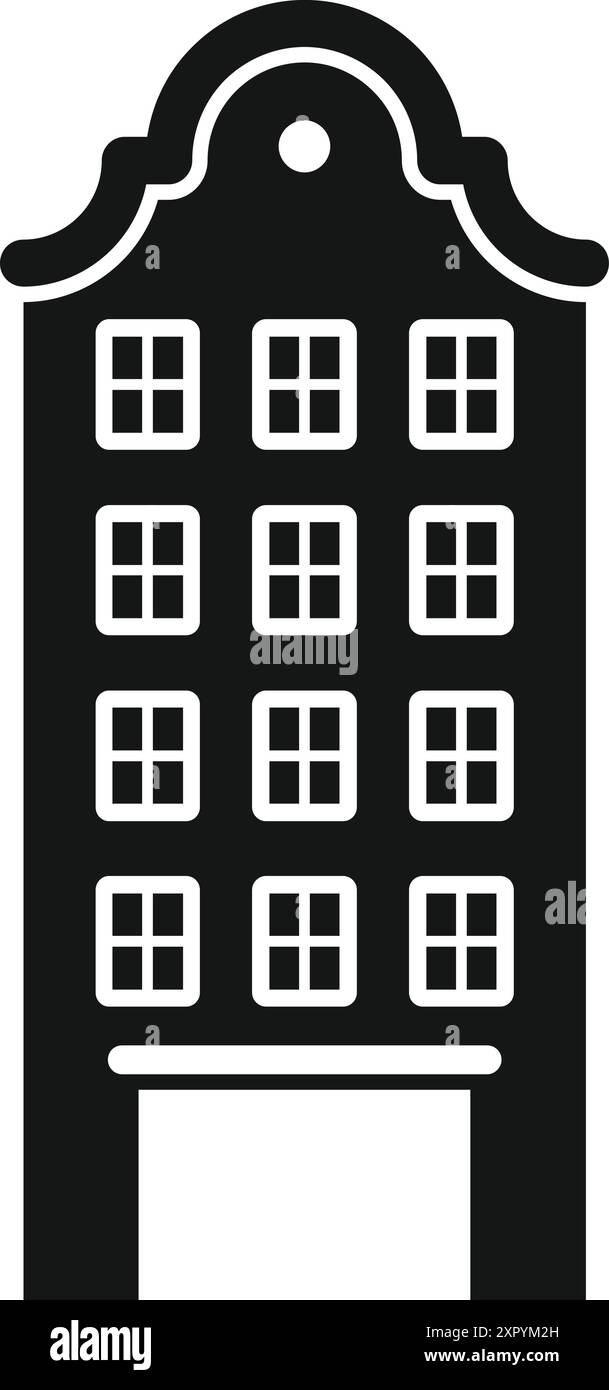 Black and white icon of a narrow dutch canal house with ornate gable ...