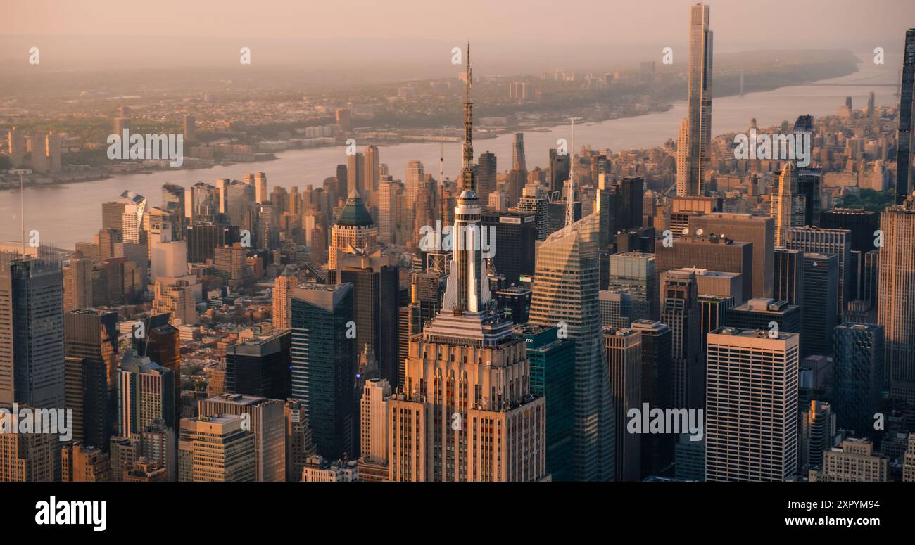 Sunset Aerial View of Empire State Building Spire and a Top Deck ...