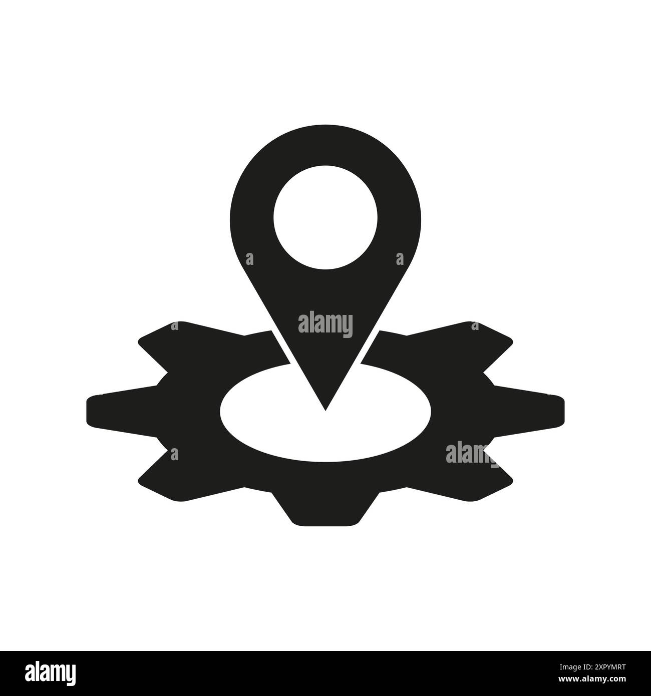 Location gear icon. Pin and cogwheel. Black vector symbol. Map marker ...