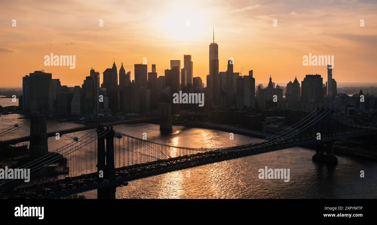 New York City Skyline Aerial Shot from a Helicopter at Sunset. Famous ...