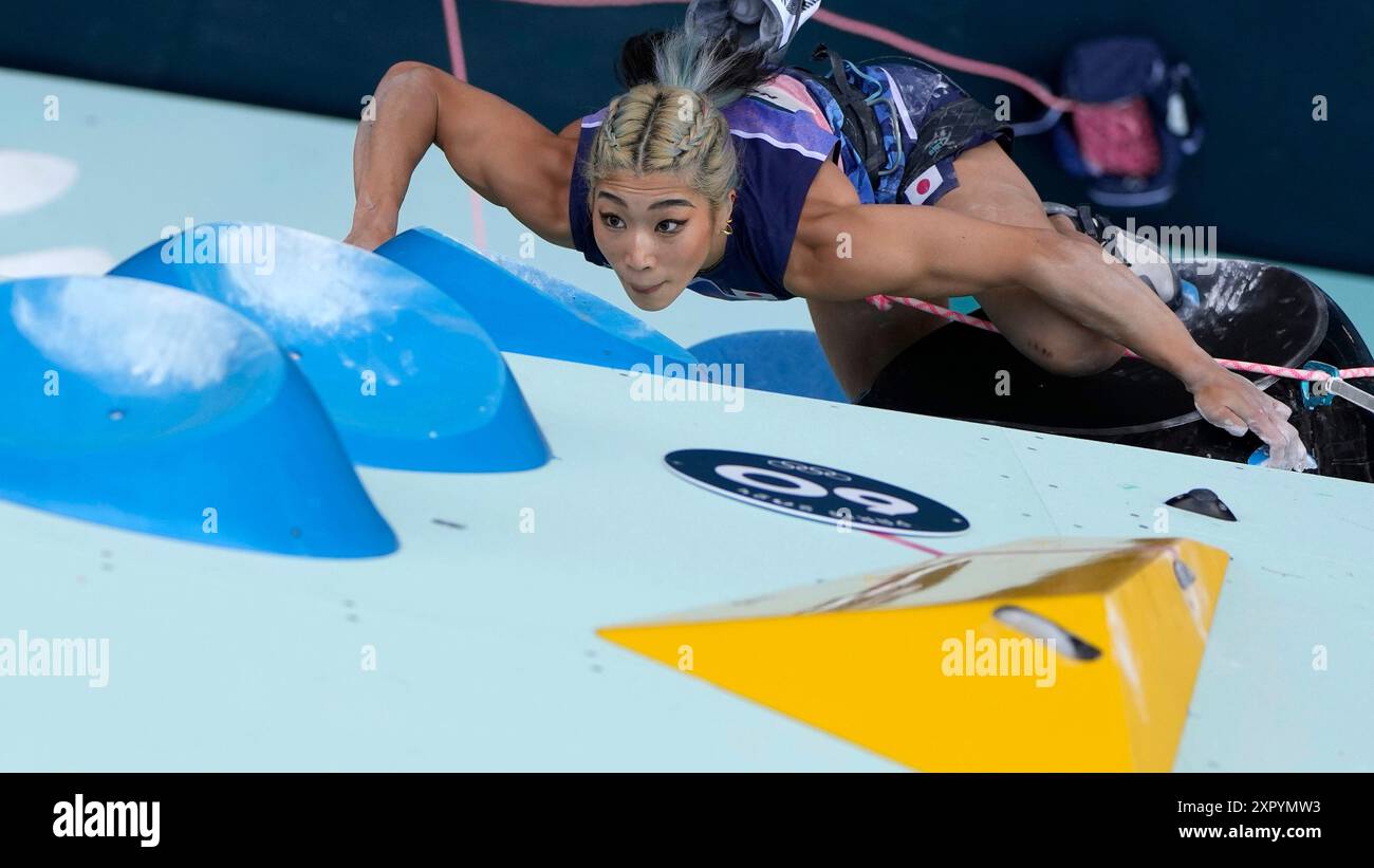 Miho Nonaka of Japan competes in the women's boulder and lead semifinal ...