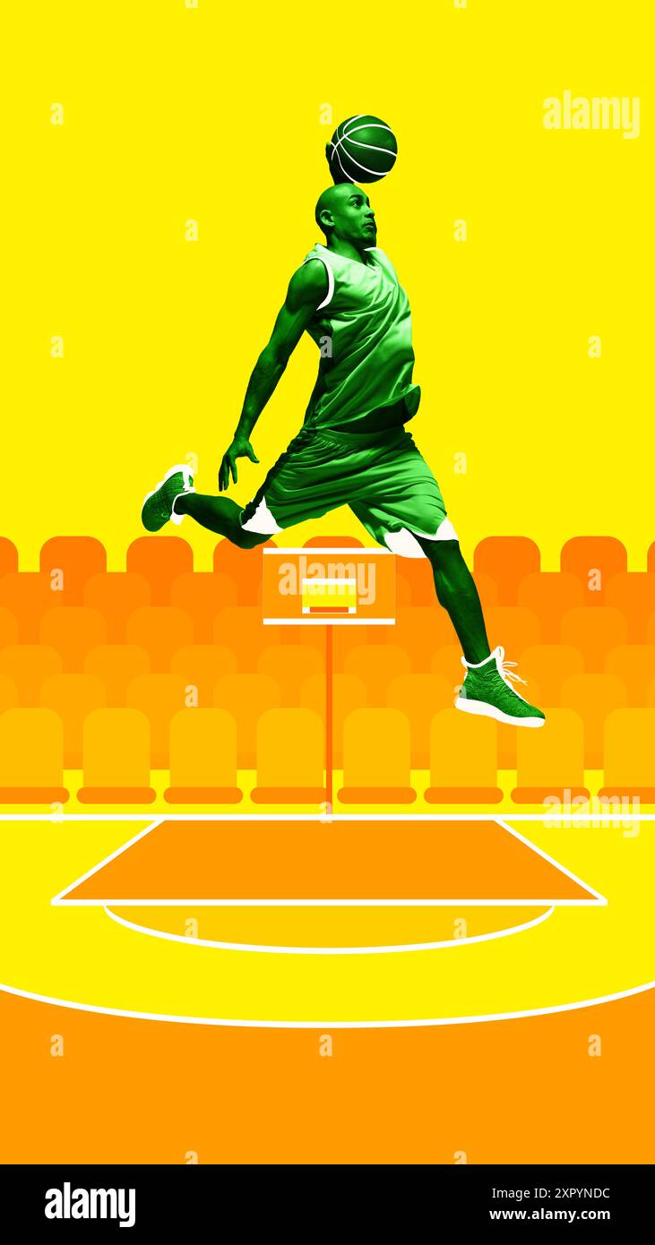 Slam Dunk. Competitive man, basketball player in motion, jumping with ...