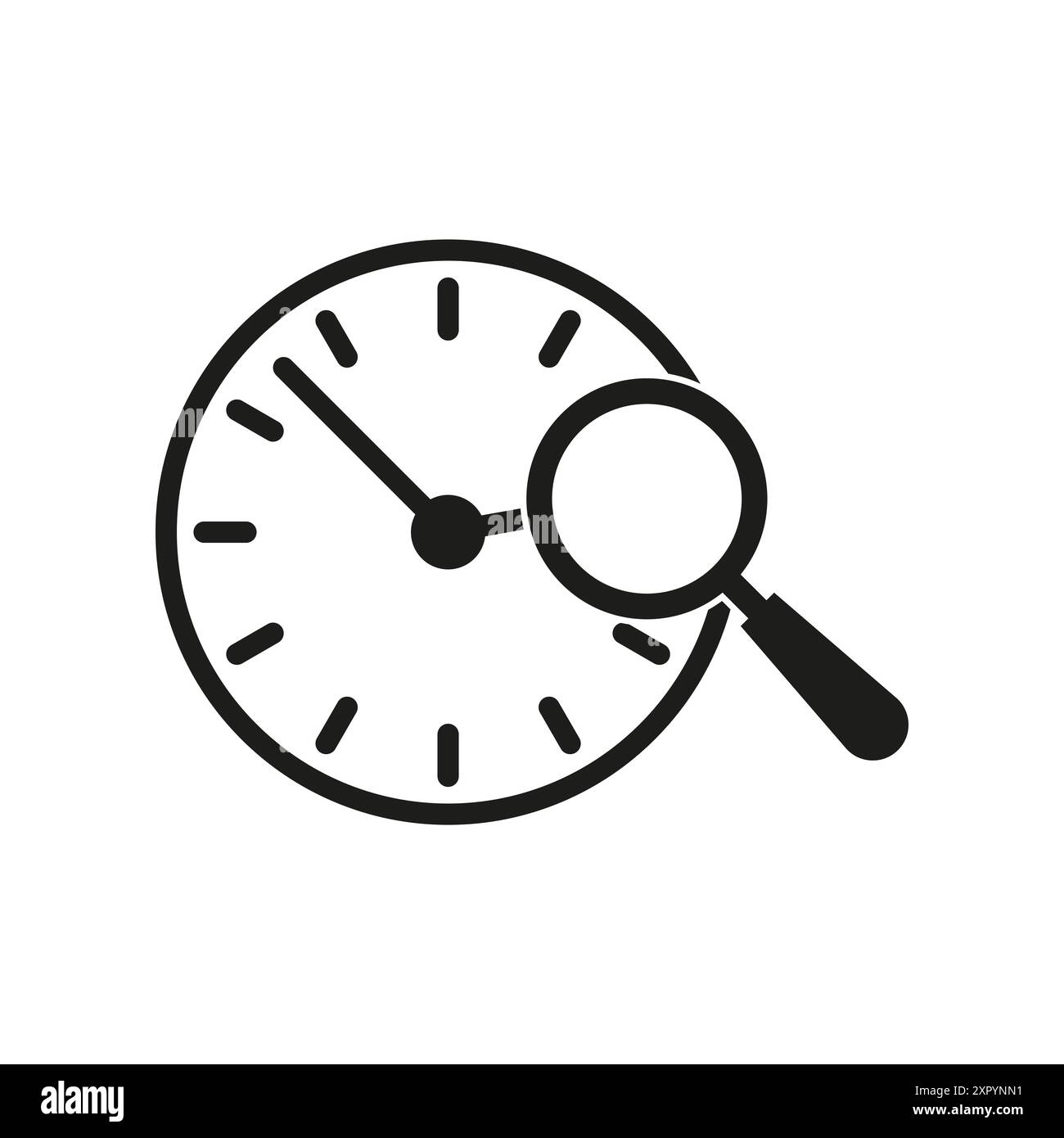 Time management icon. Clock and magnifying glass. Black and white ...