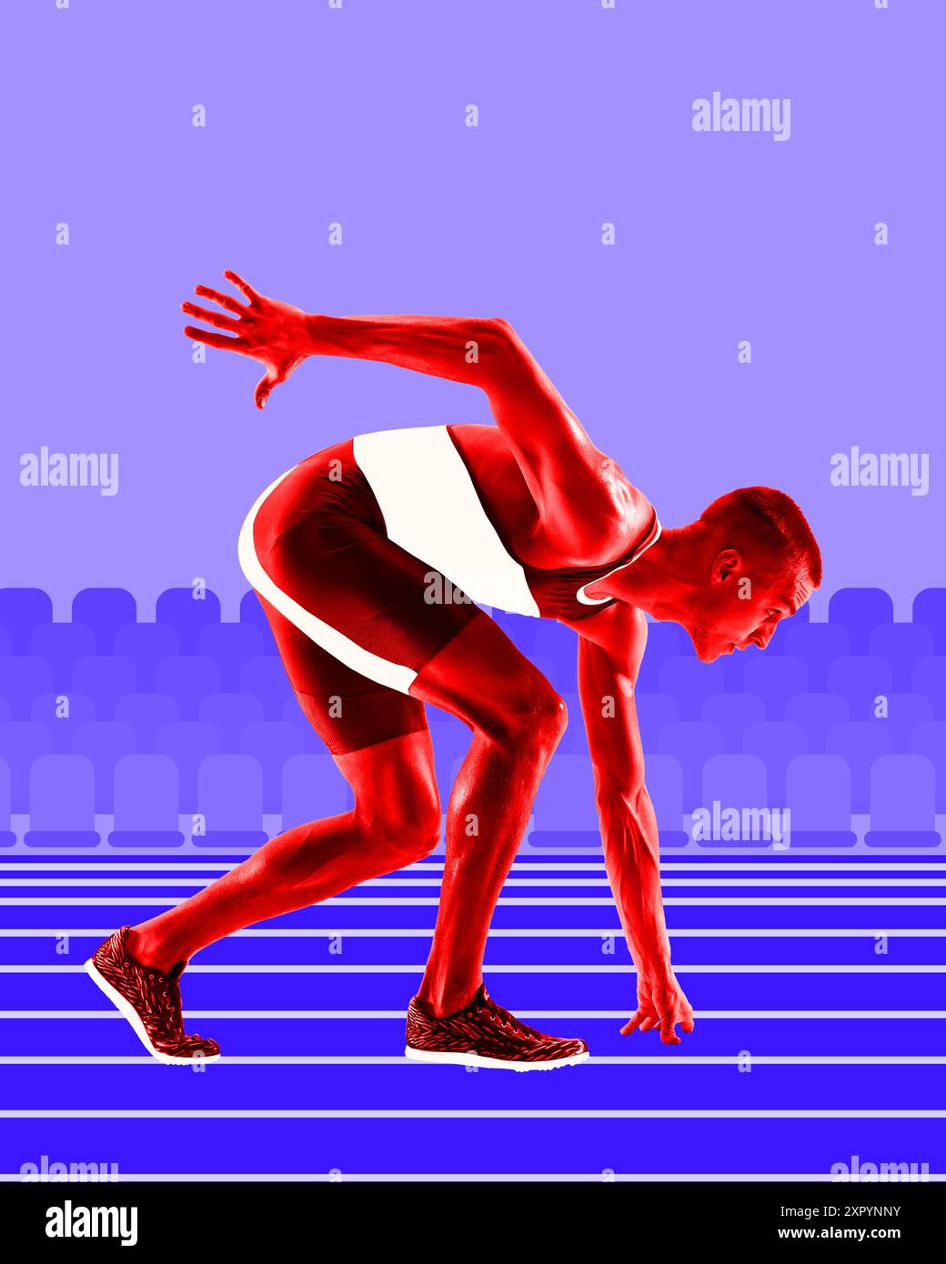 Sprinter, muscular man at starting line, set against stylized stadium ...