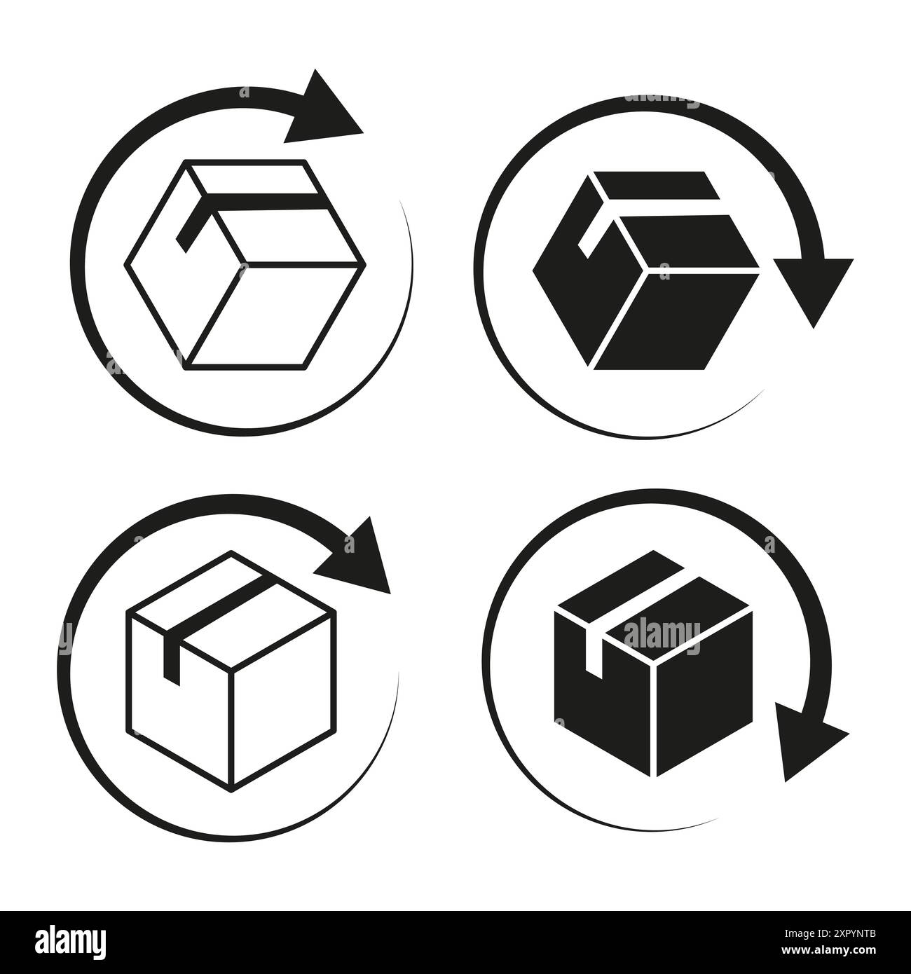 Package return icons. Circular arrow symbols. Black and white designs ...