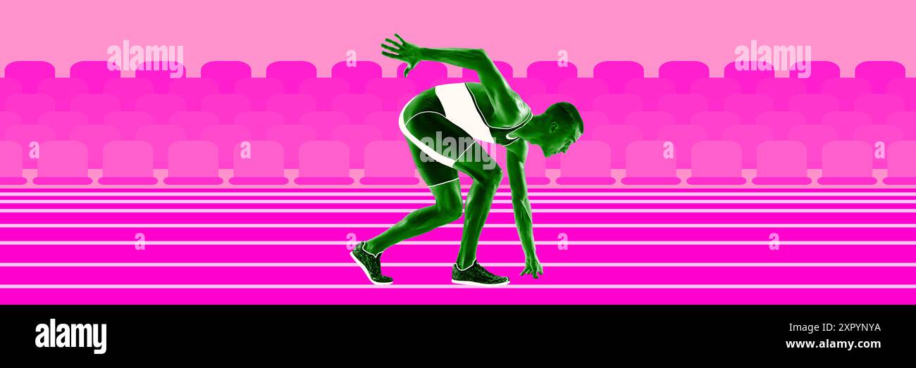 Sprinter, muscular man at starting line, set against stylized stadium ...