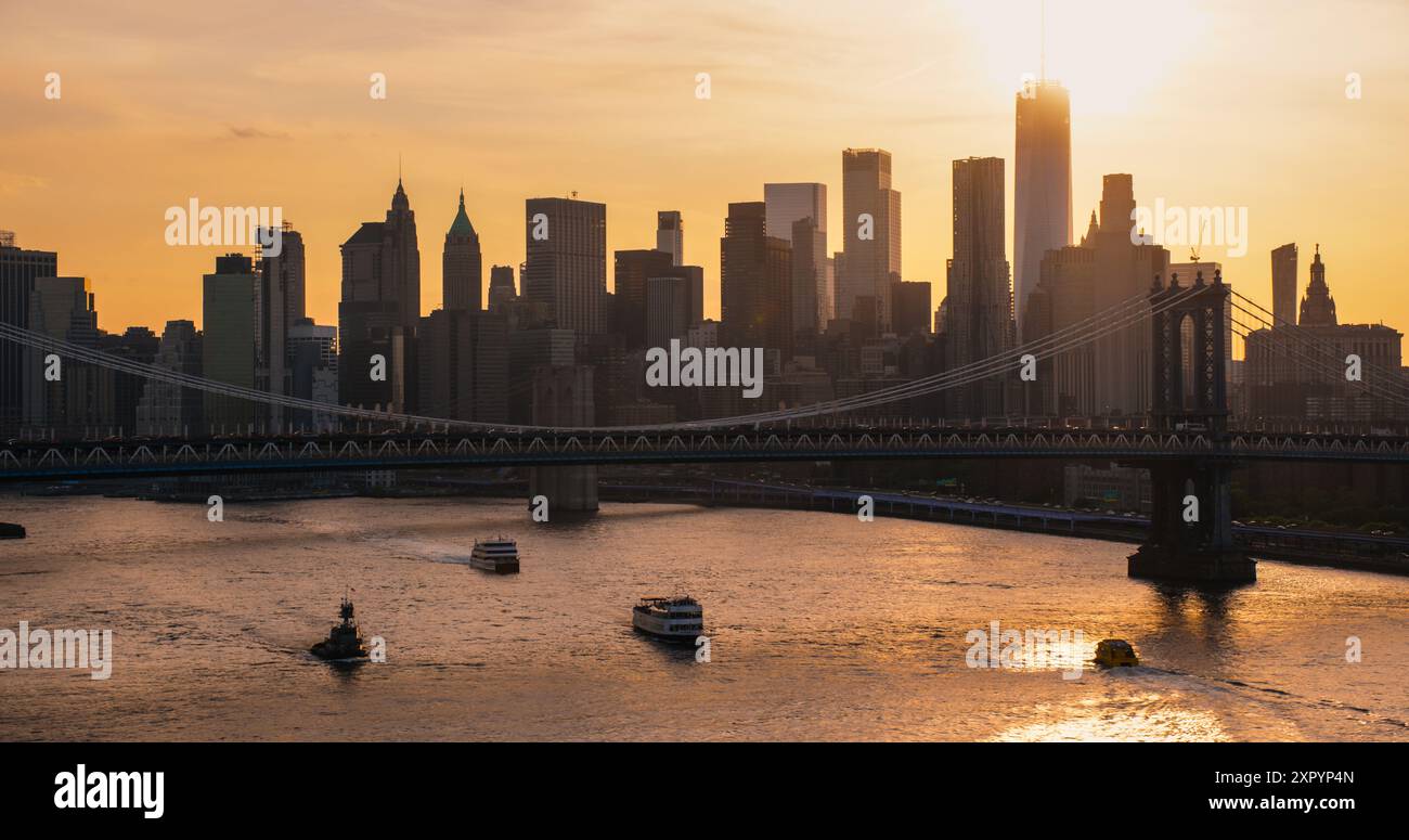 New York City Skyline Aerial Shot from a Helicopter at Sunset. Famous ...