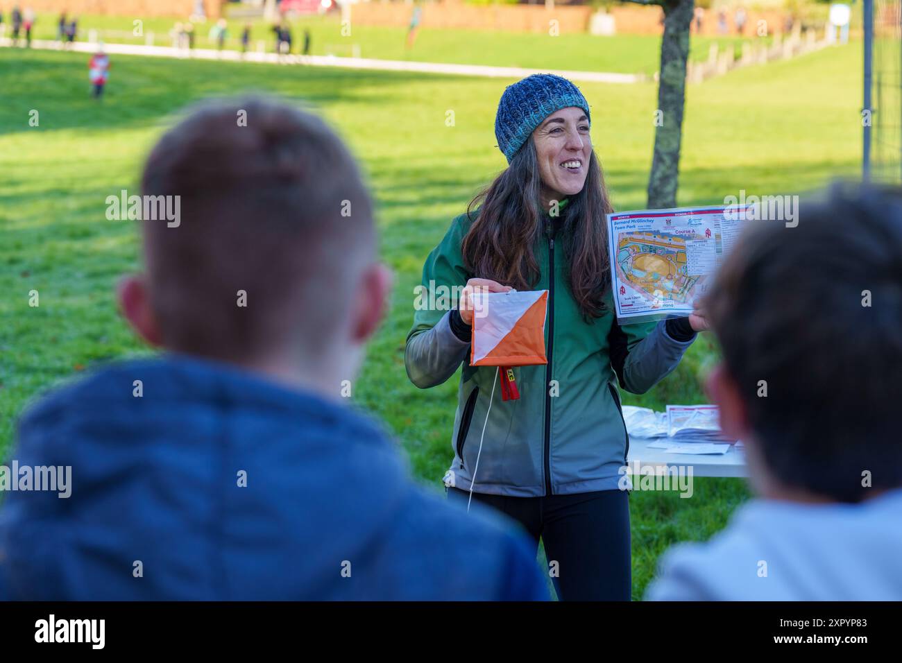 Primary school children on an orienteering lesson in the park Stock ...
