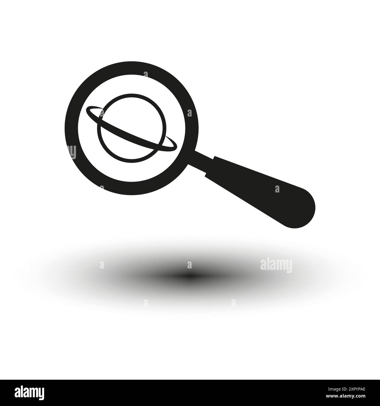 Magnifying glass icon. Planet with rings. Black and white. Space ...