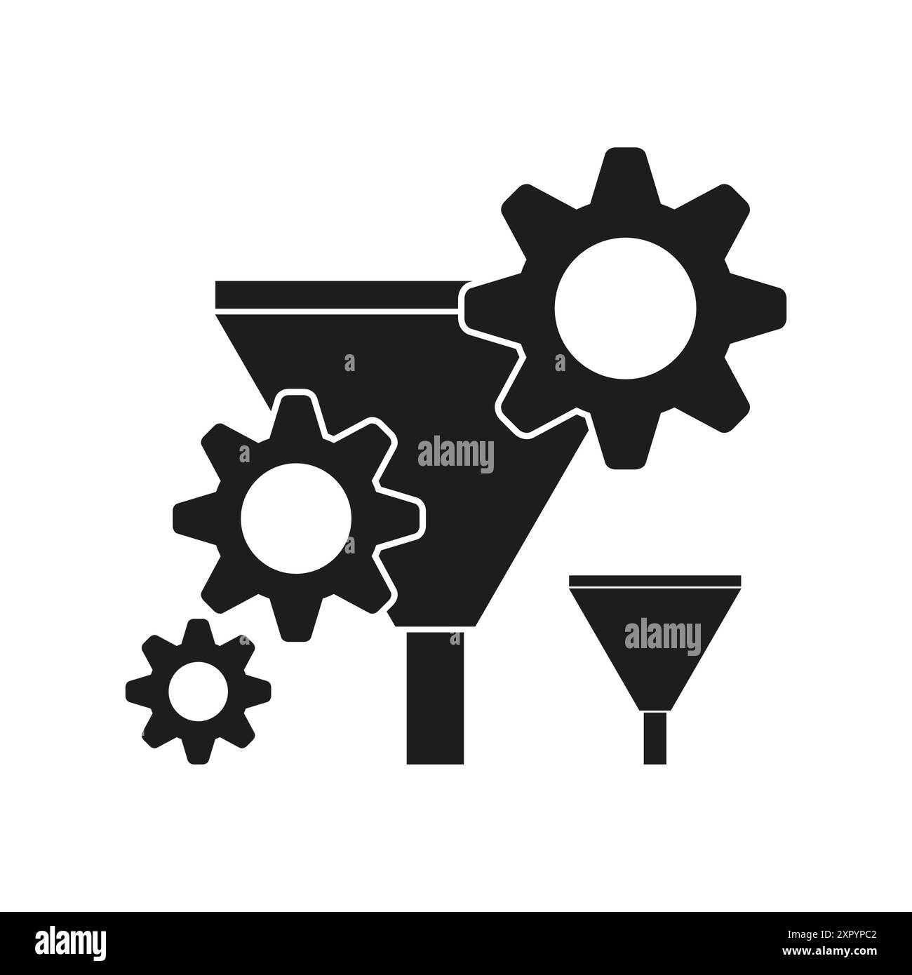Funnel and gears. Process vector icon. Black and white. Industrial ...