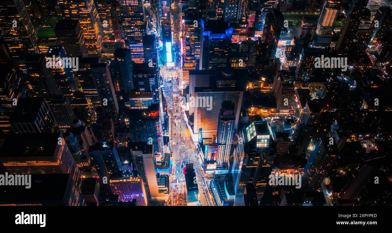 Night Aerial Photo of New York City with Skyscraper Spires and Straight ...
