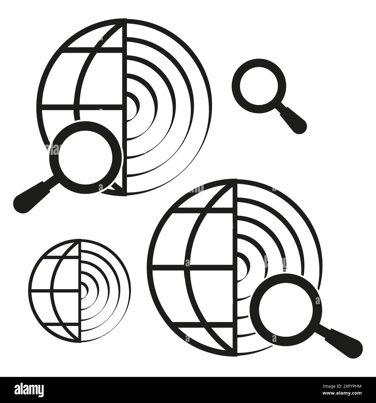 Globe search icons. Magnifying glass symbols. Black and white. Vector ...