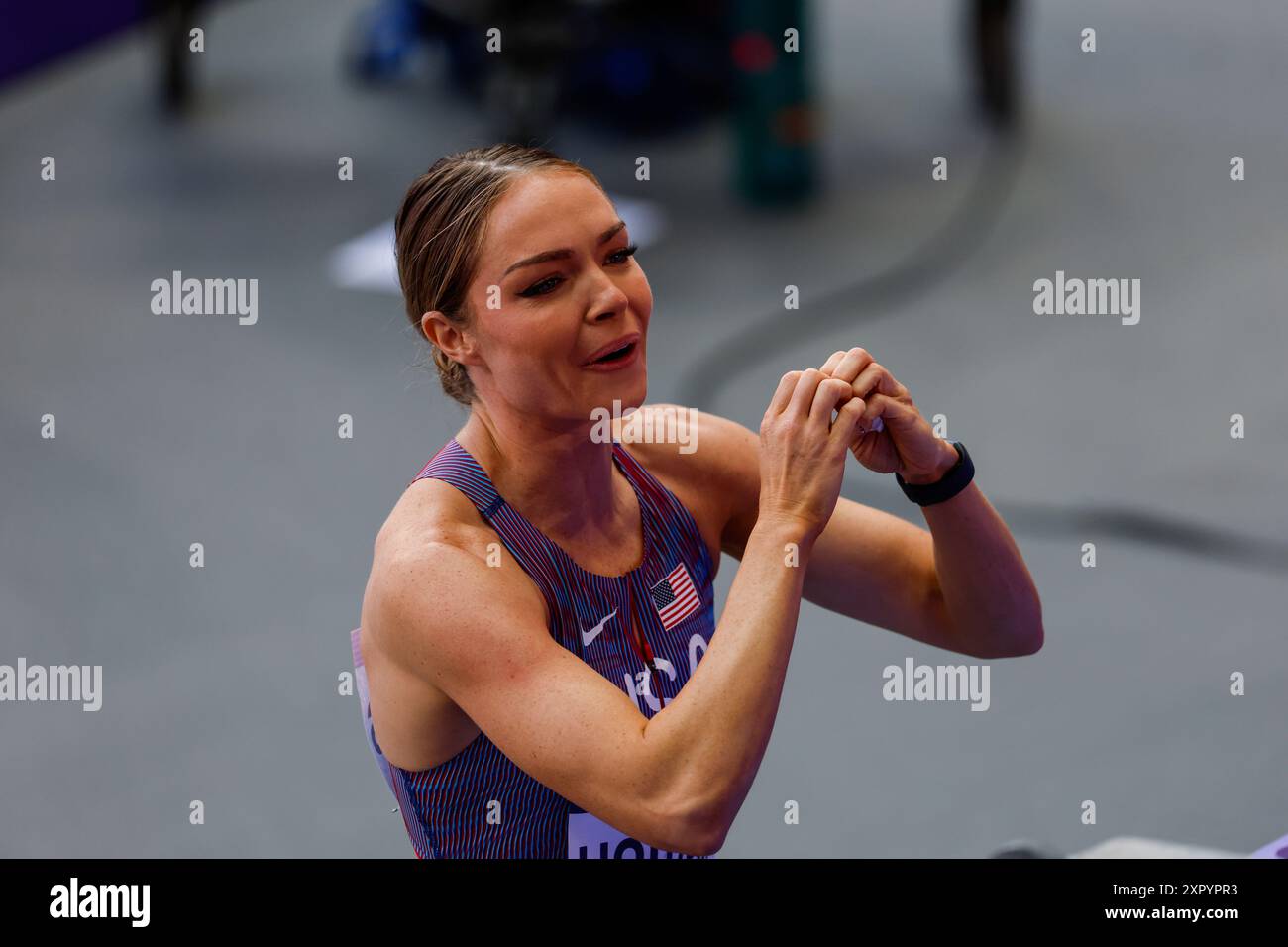 Chari Hawkins of United States competes during Women's Heptathlon 100m ...