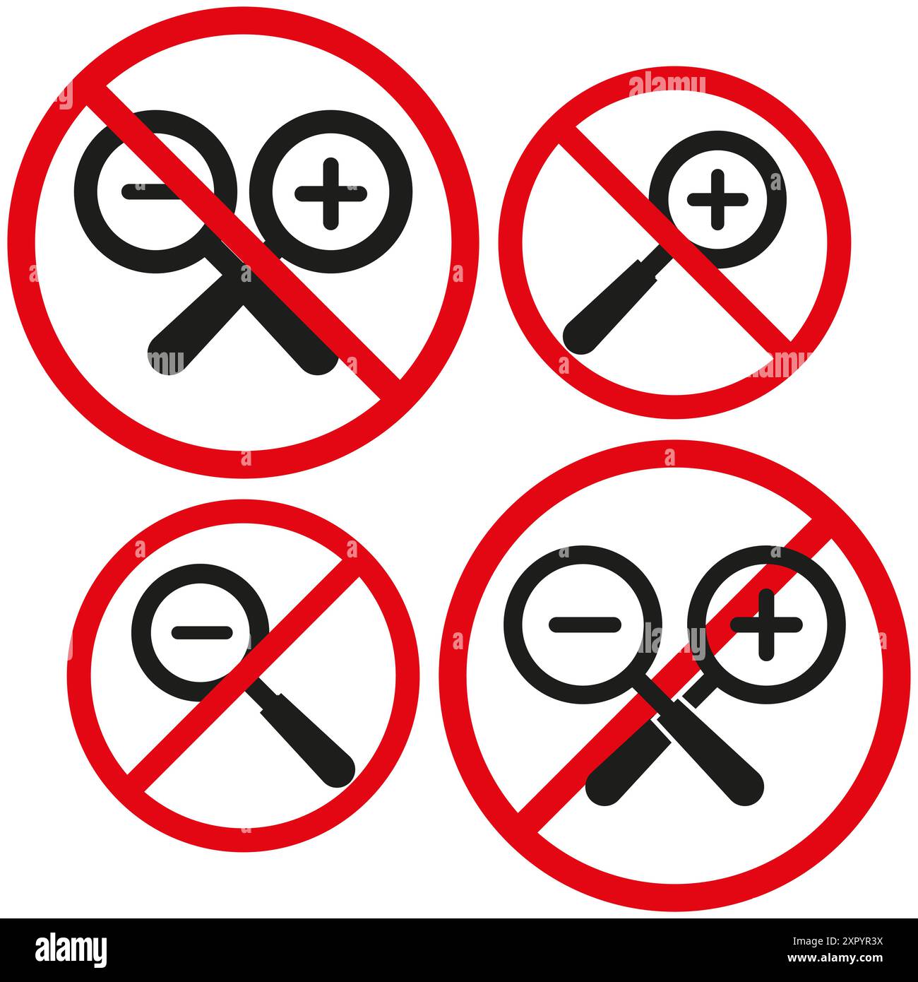 No zoom icons. Magnifying glass symbols. Red prohibition circles ...